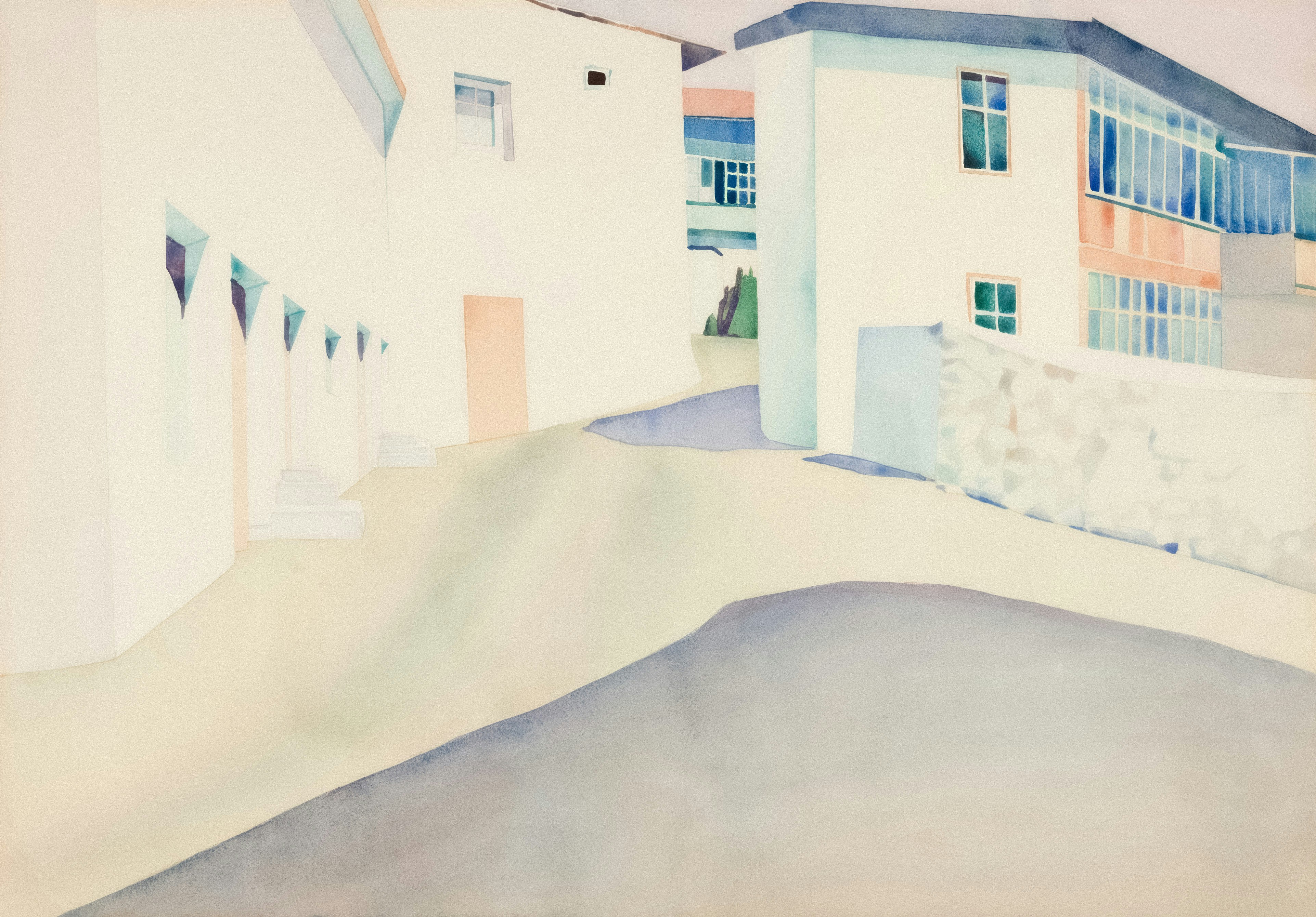 Watercolor painting depicting a serene alleyway with soft pastel hues and geometric building shapes.