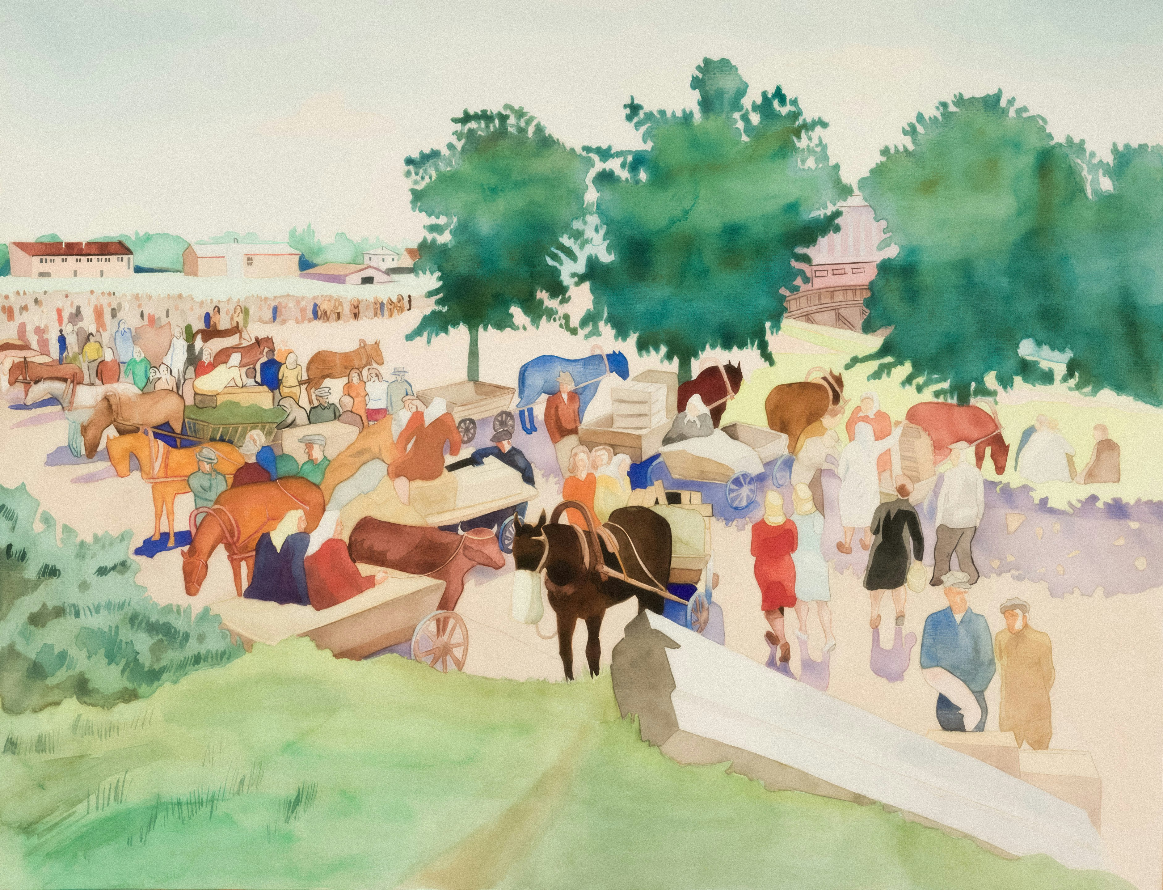 A lively village market scene with horses and people. photo – Free Art ...
