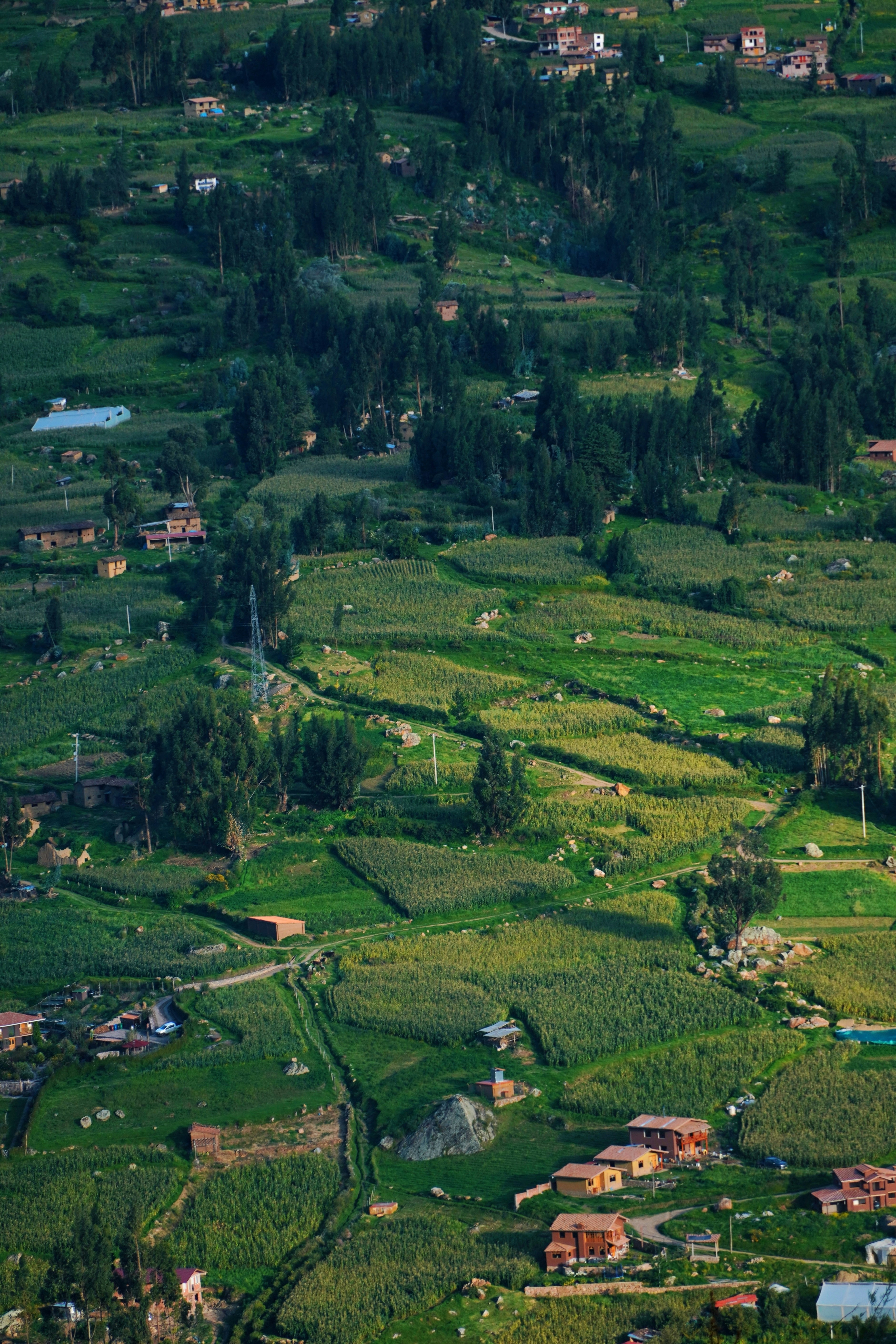 Green fields and buildings are scattered across the land. photo – Free ...