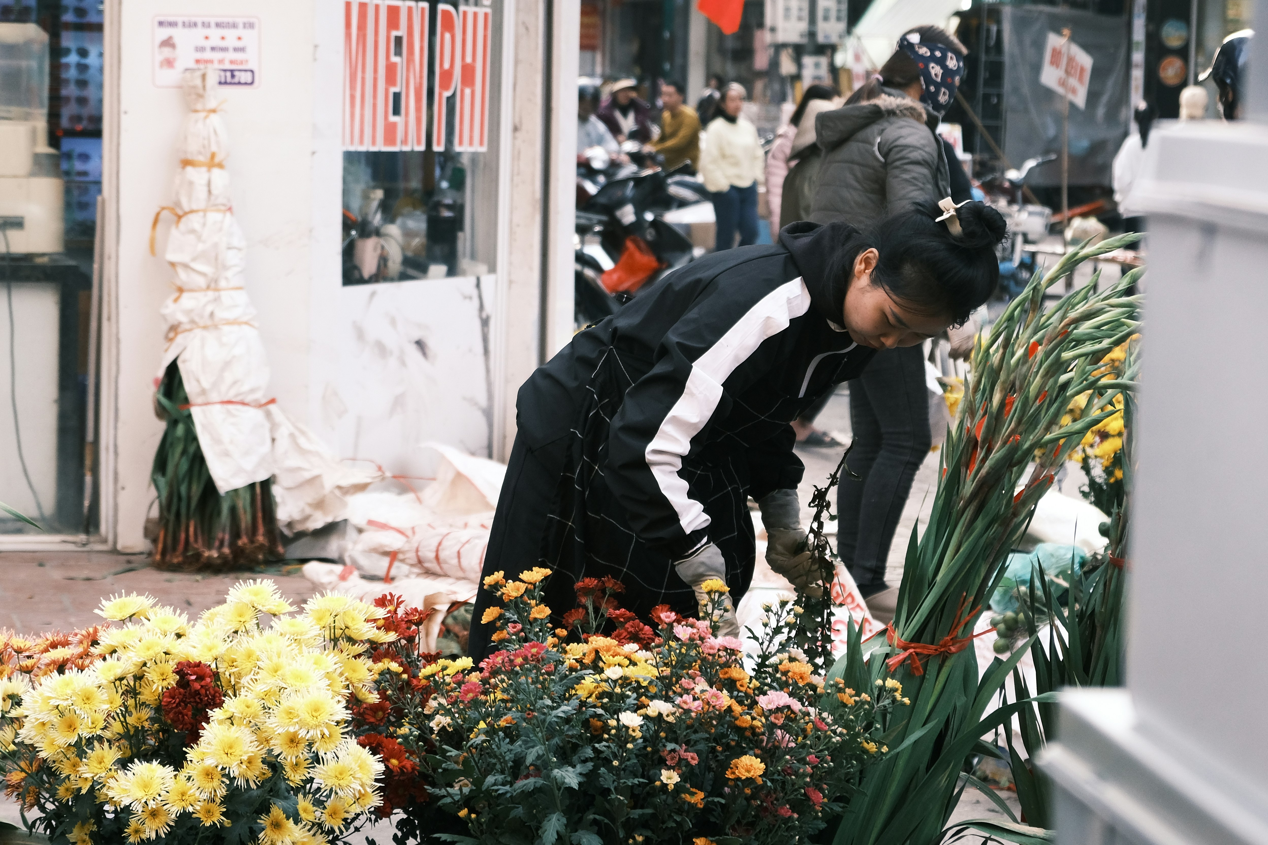 Person arranging vibrant flowers on a bustling street corner.