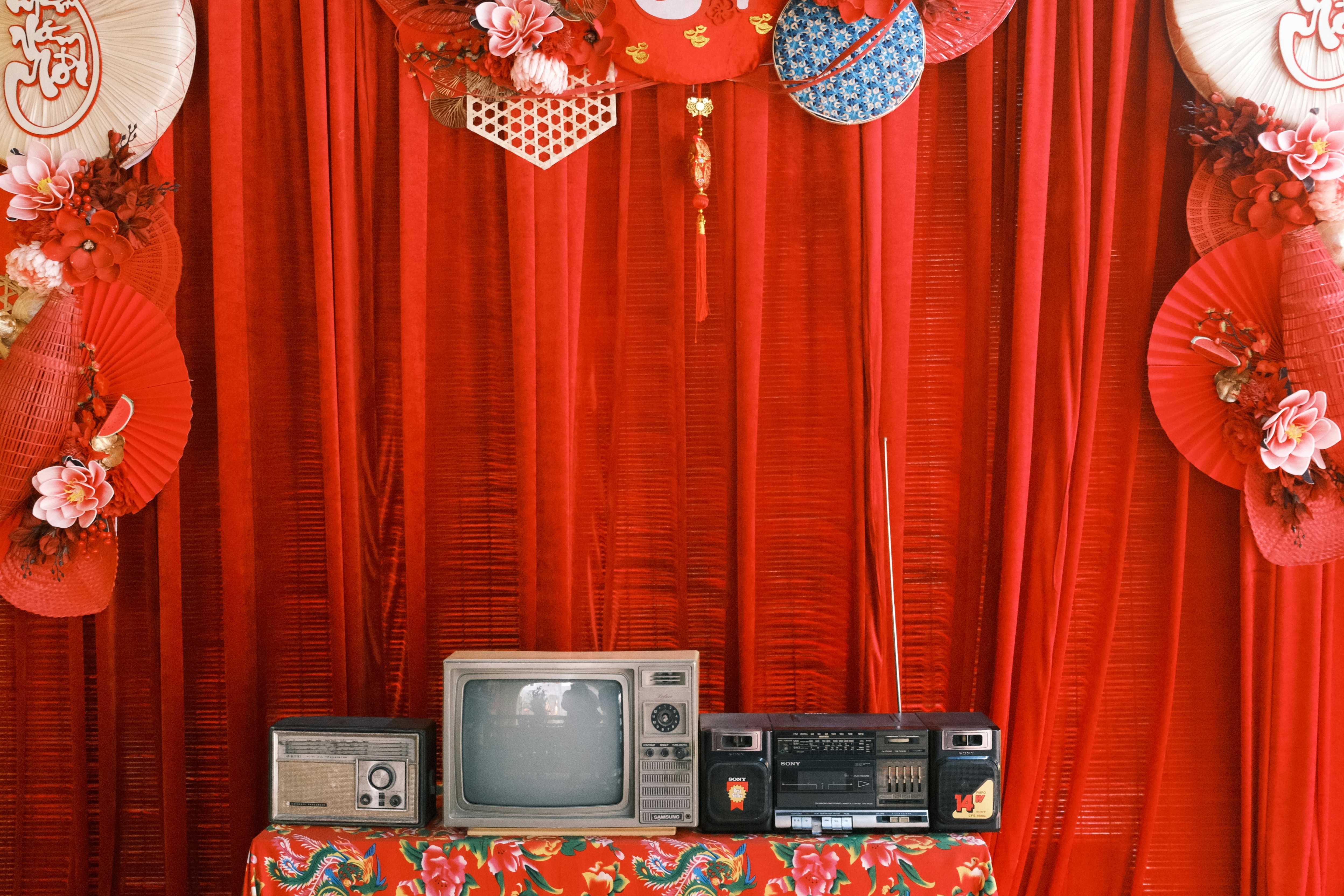 Retro Harmony Against Crimson Elegance