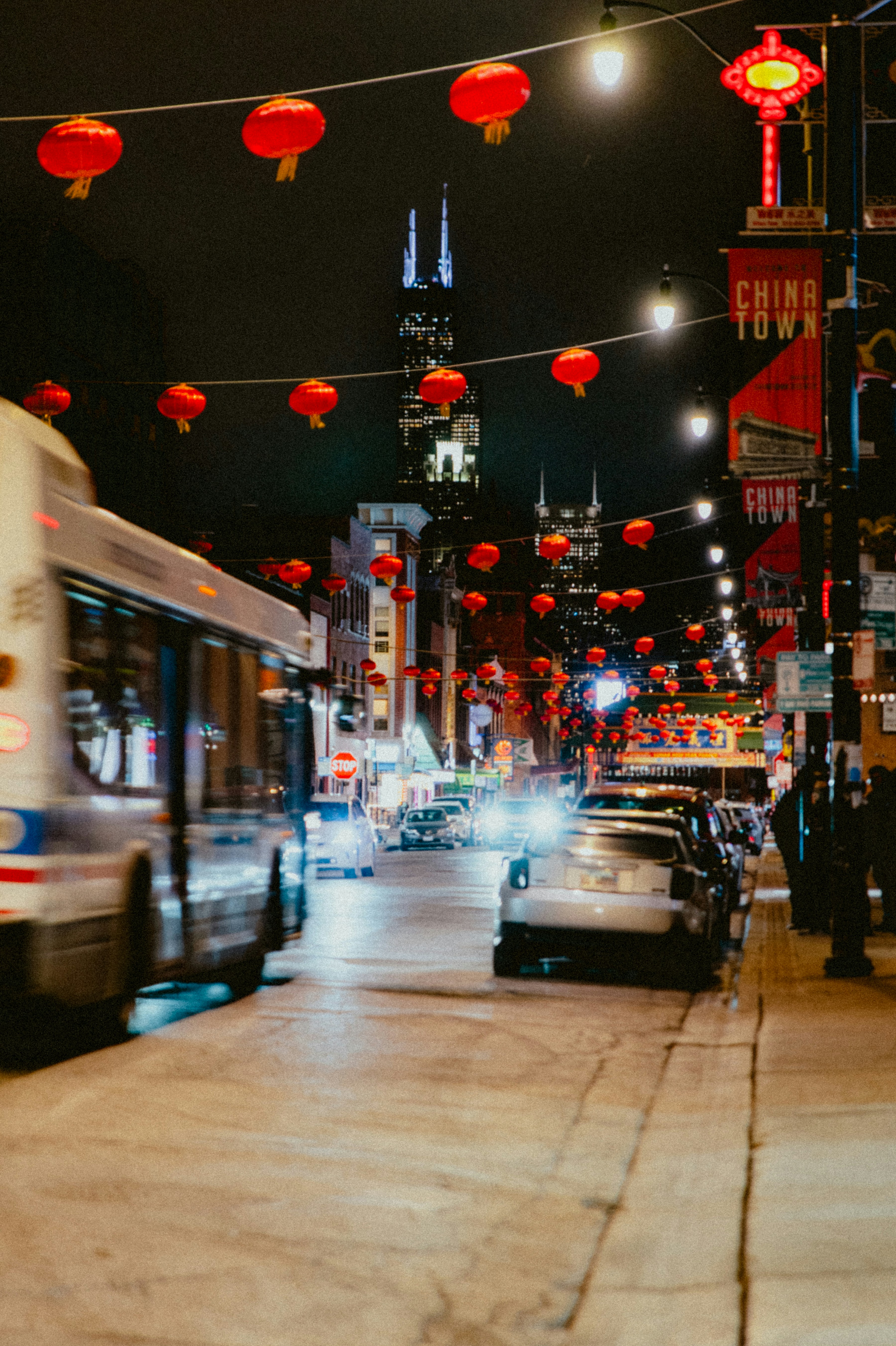 Dwindling traffic on Wentworth Ave. in the Chicago Chinatown on a late Monday night.