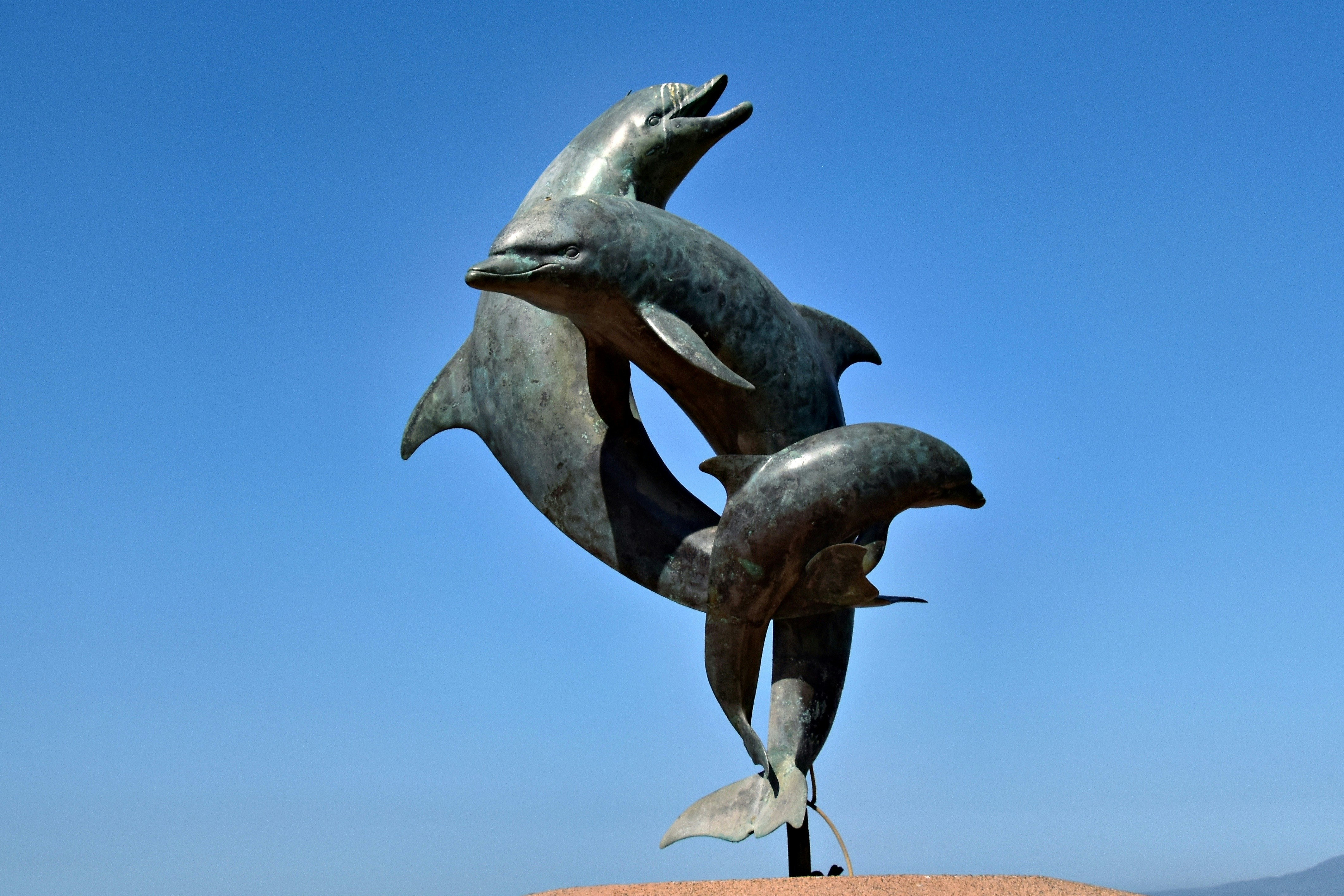 Dolphin Spiral: Bronze Duet Leaping Against a Cerulean Sky
