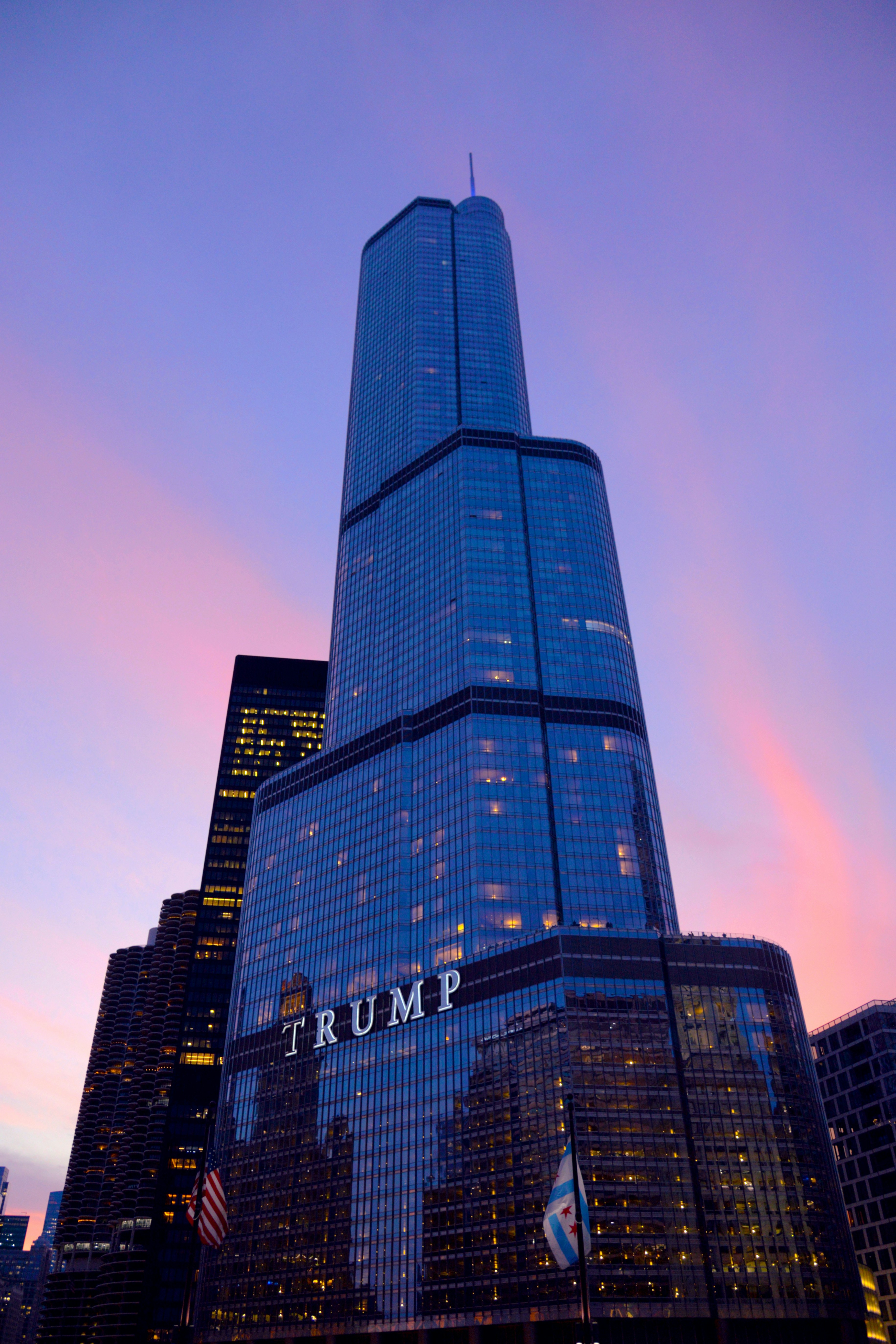Dusky pink reflections crown Chicago's Trump Tower at sunset