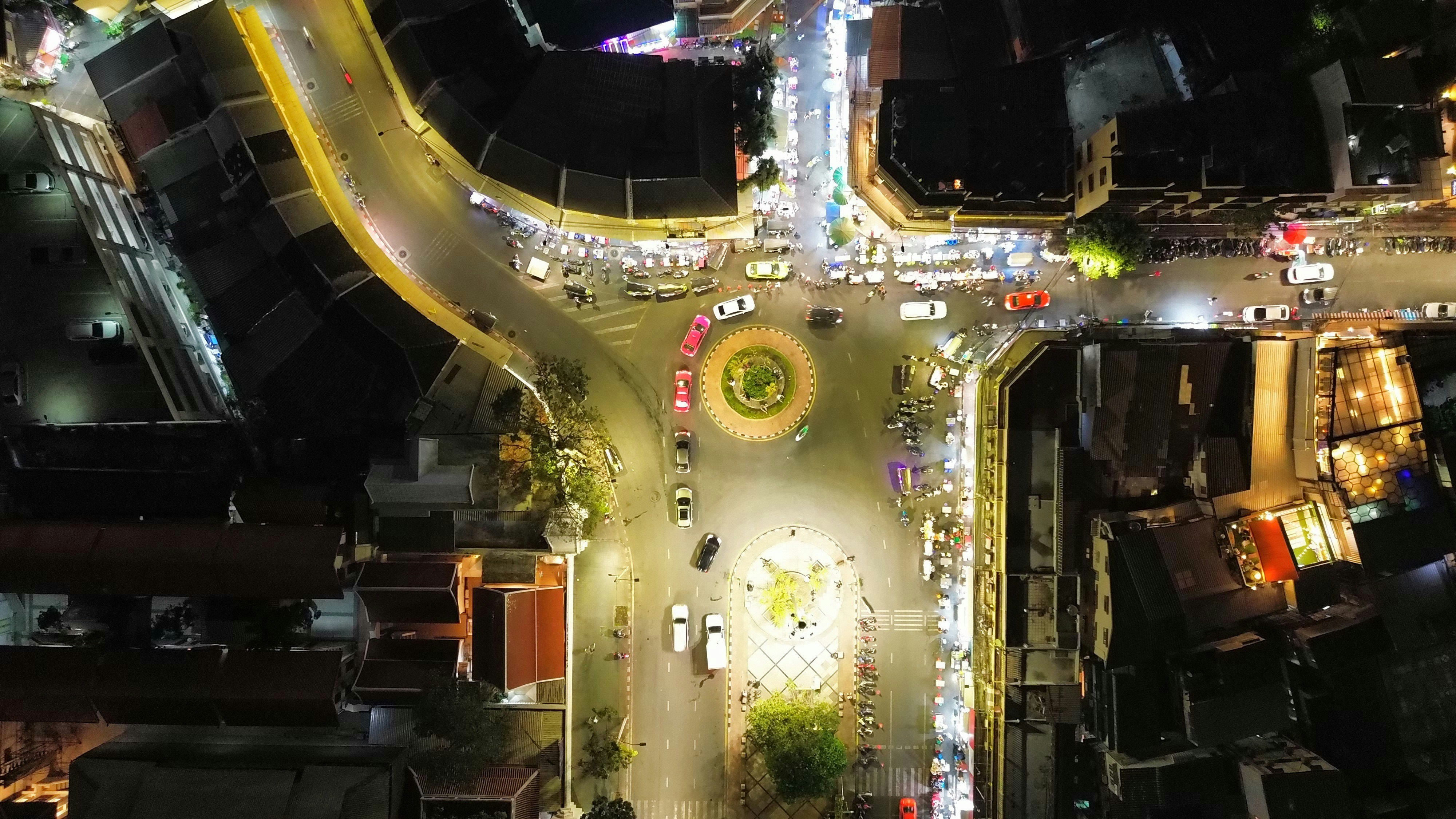 Aerial view of a busy city intersection at night. photo – Free Car ...