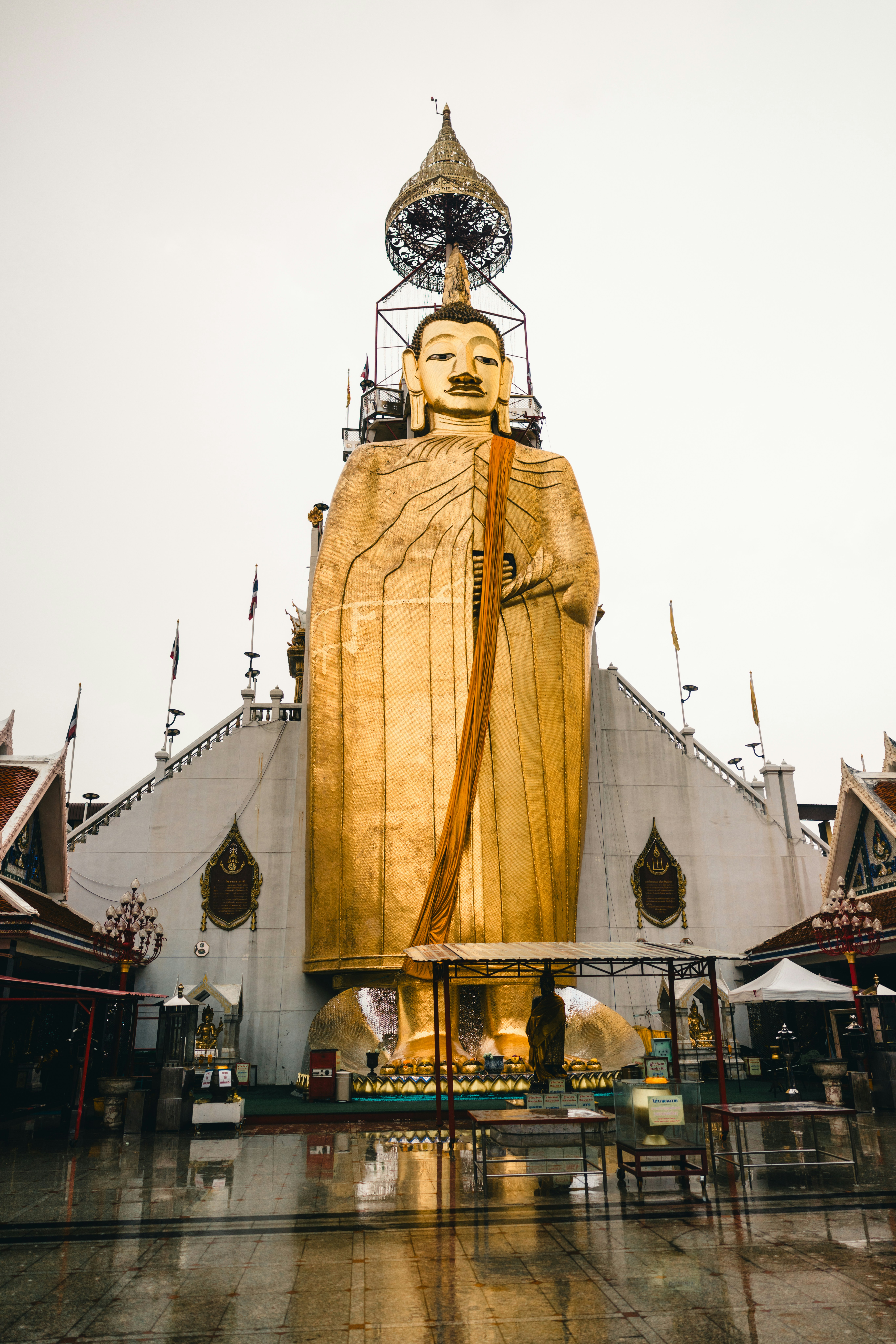 Golden Colossus: A Meditative Buddha Surrounded by Sacred Grounds