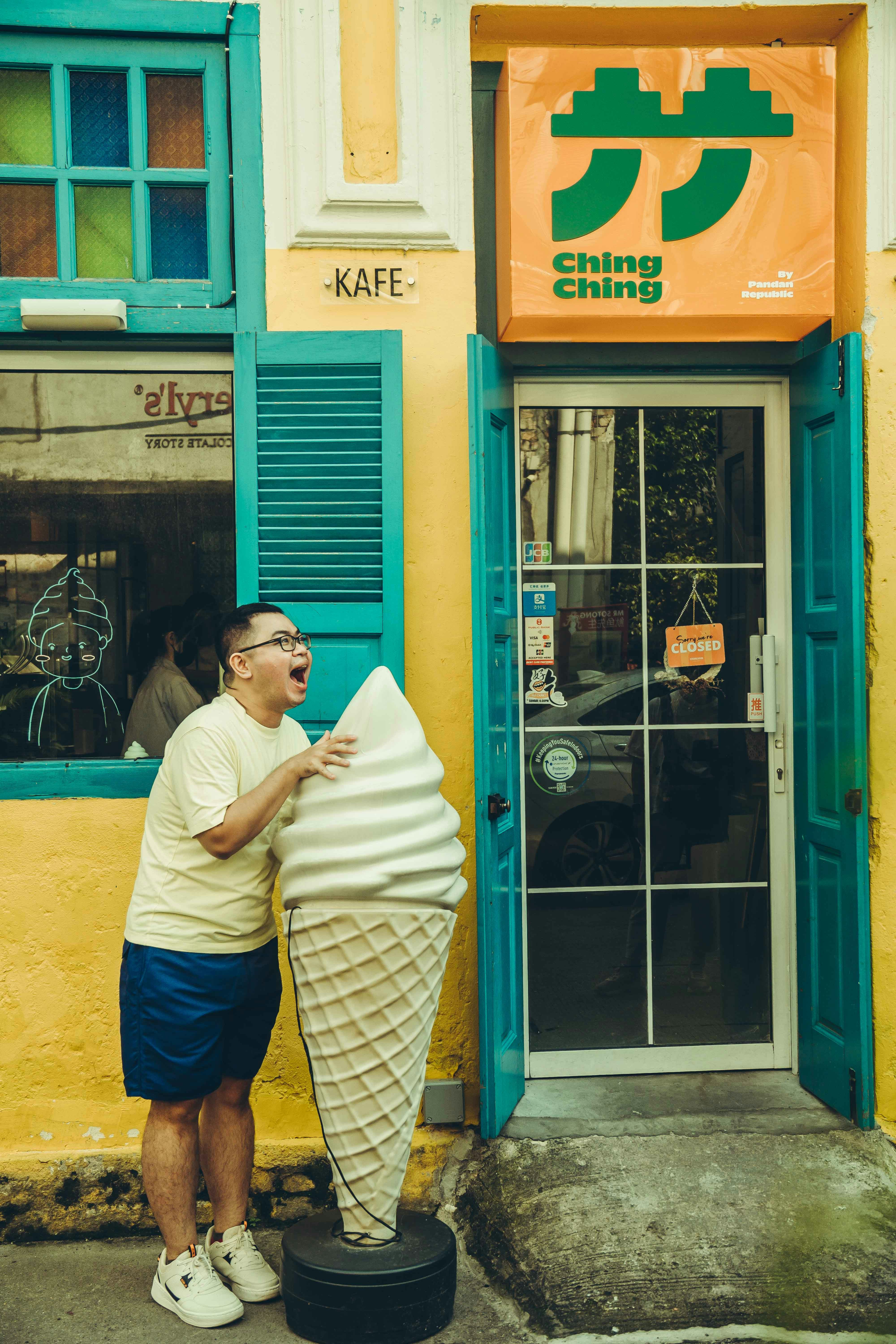 Giant Ice Cream and a Colorful Café Facade