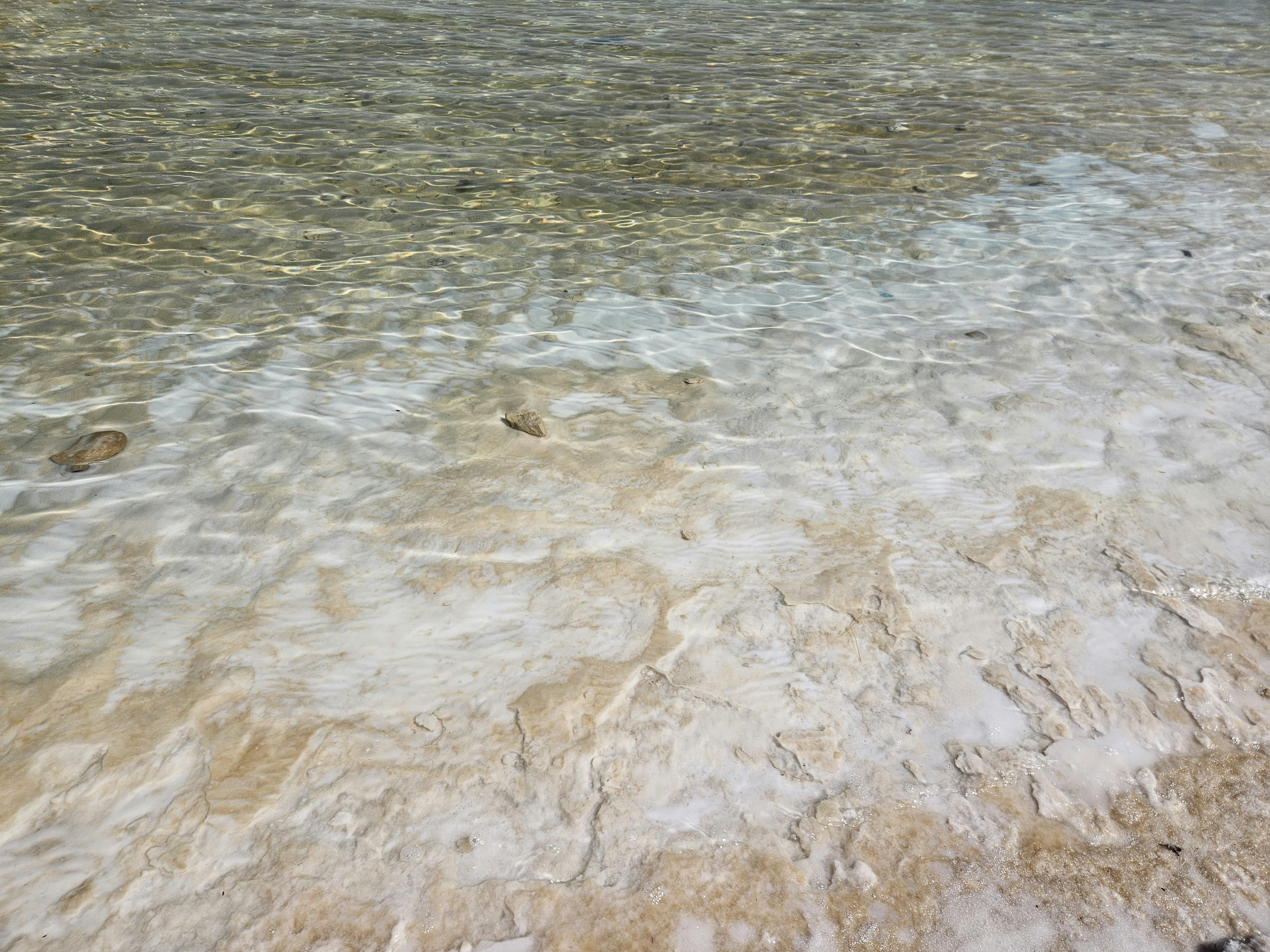 Rippling clear waters over a textured salt crust at the Dead Sea.