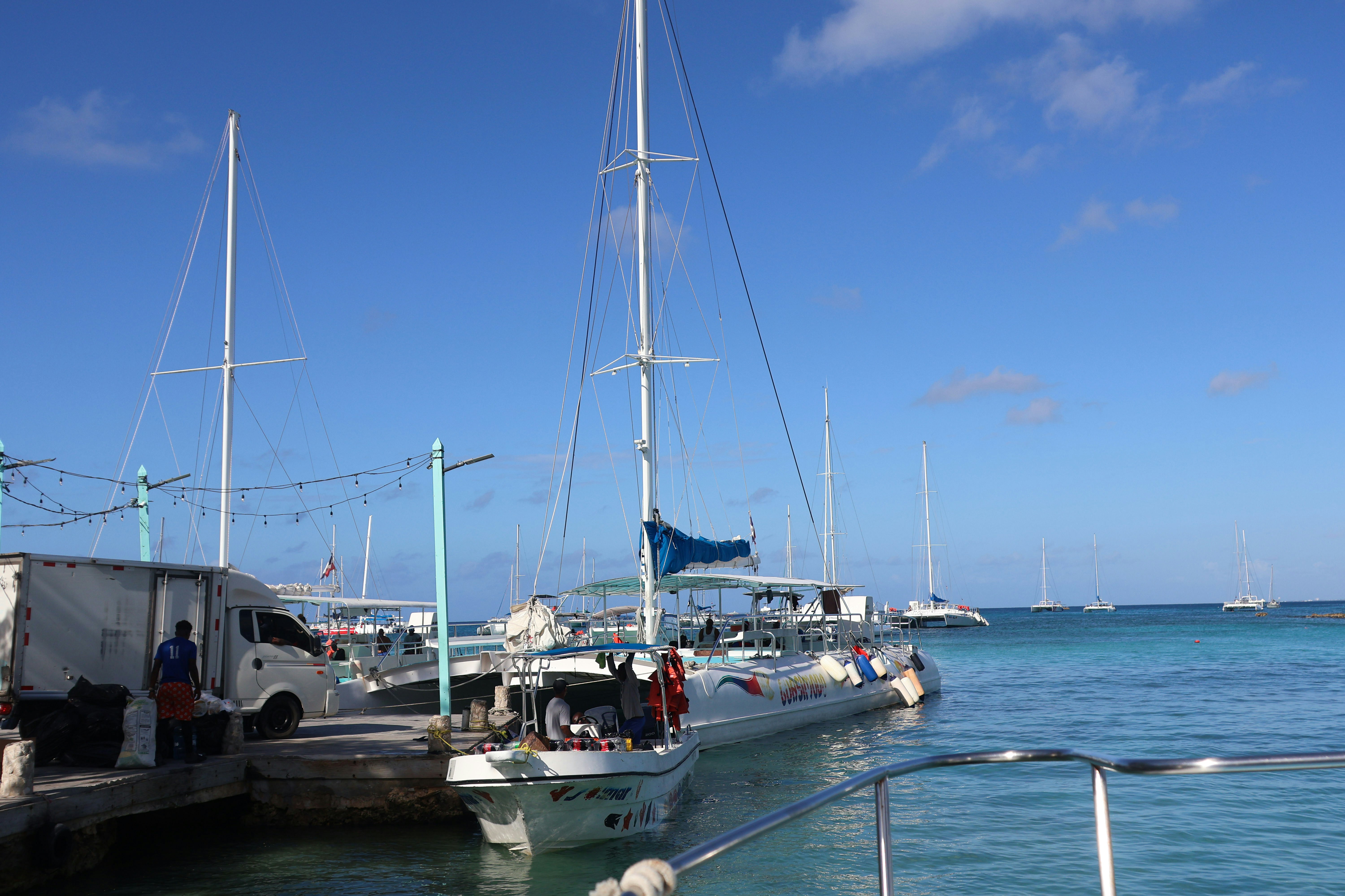 Sailboats docked at a vibrant harbor under a clear blue sky.
