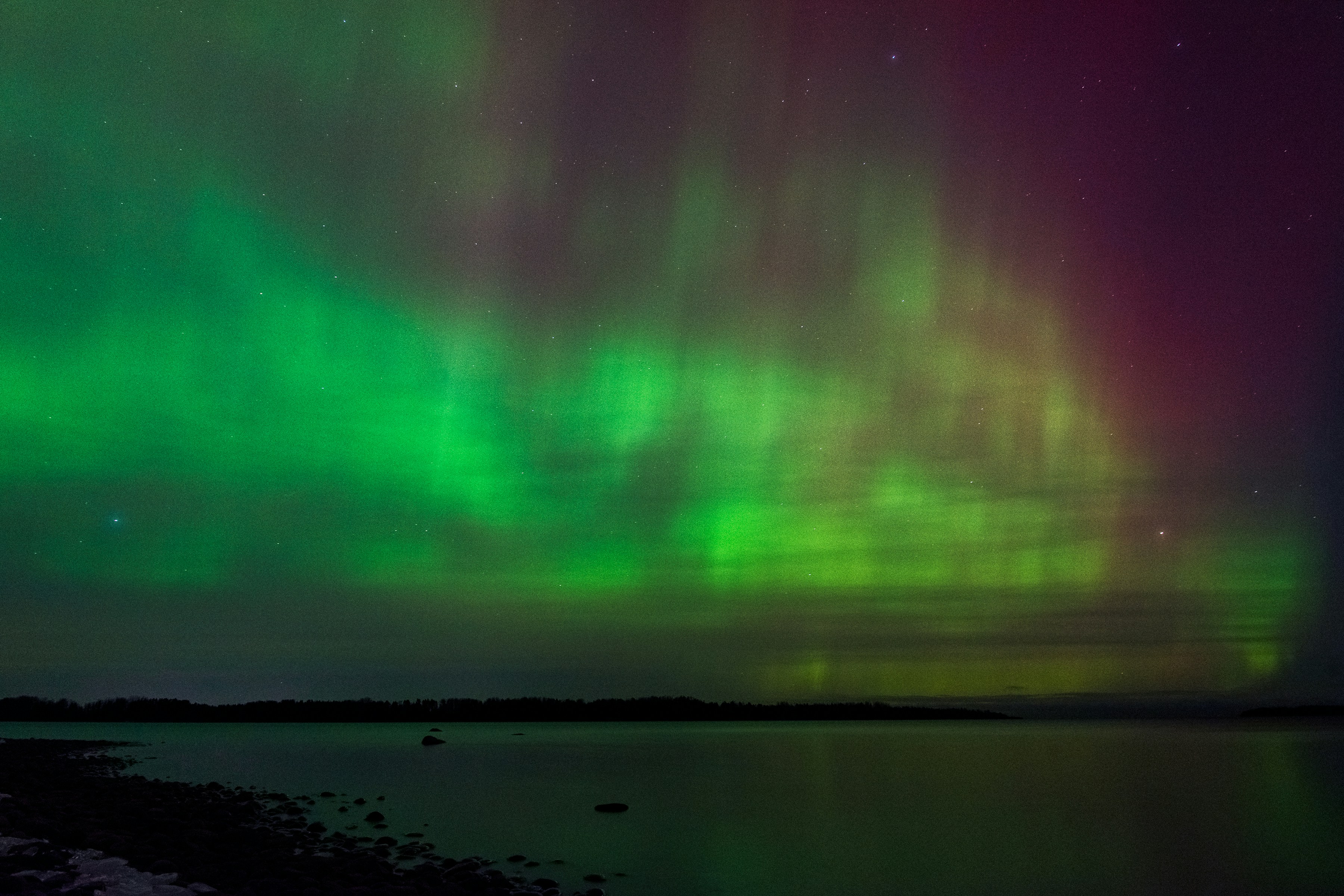 Aurora Borealis casting vibrant green hues over a tranquil lake at night.