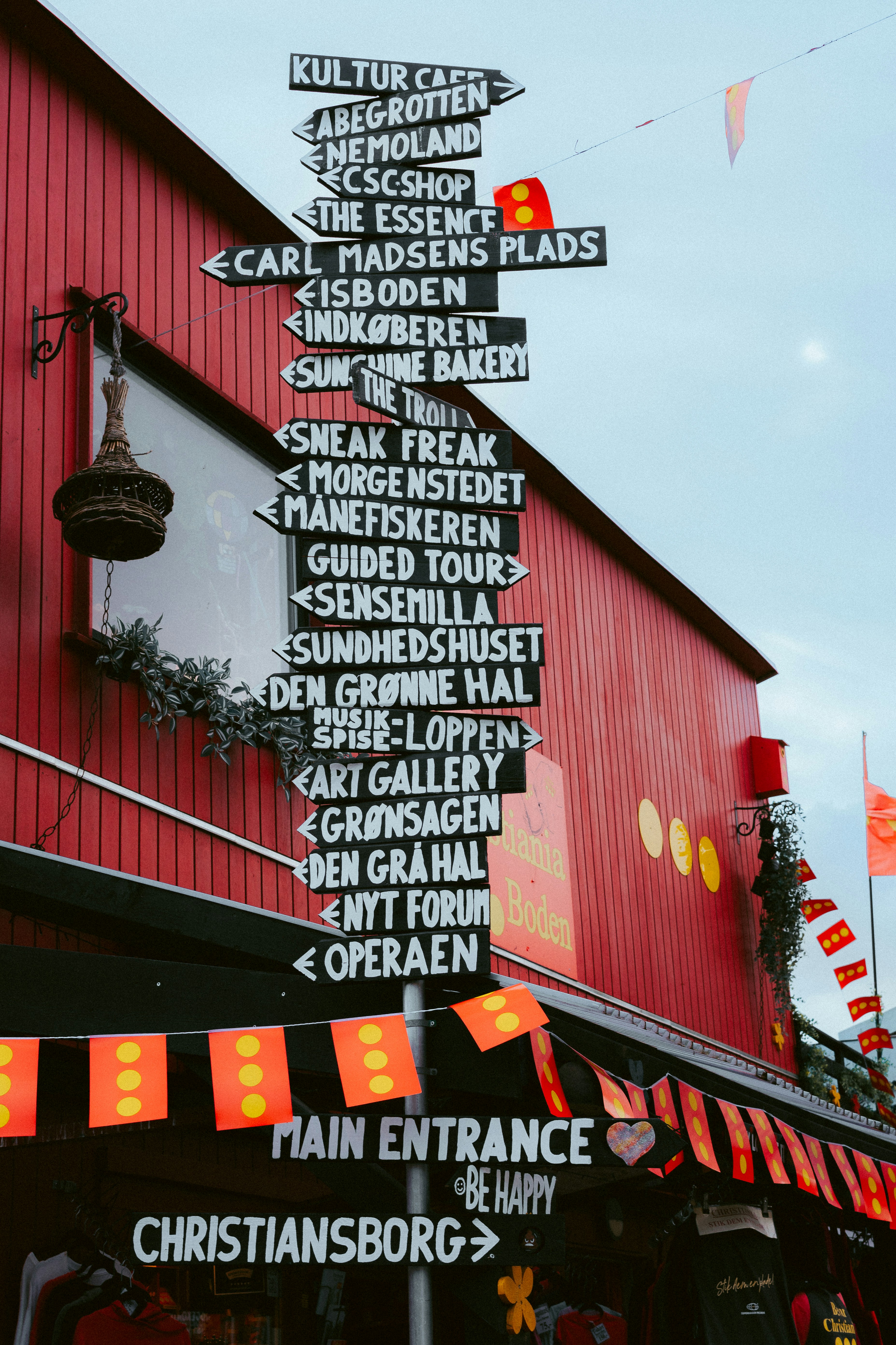A signpost on a red building points to various places. photo – Free ...