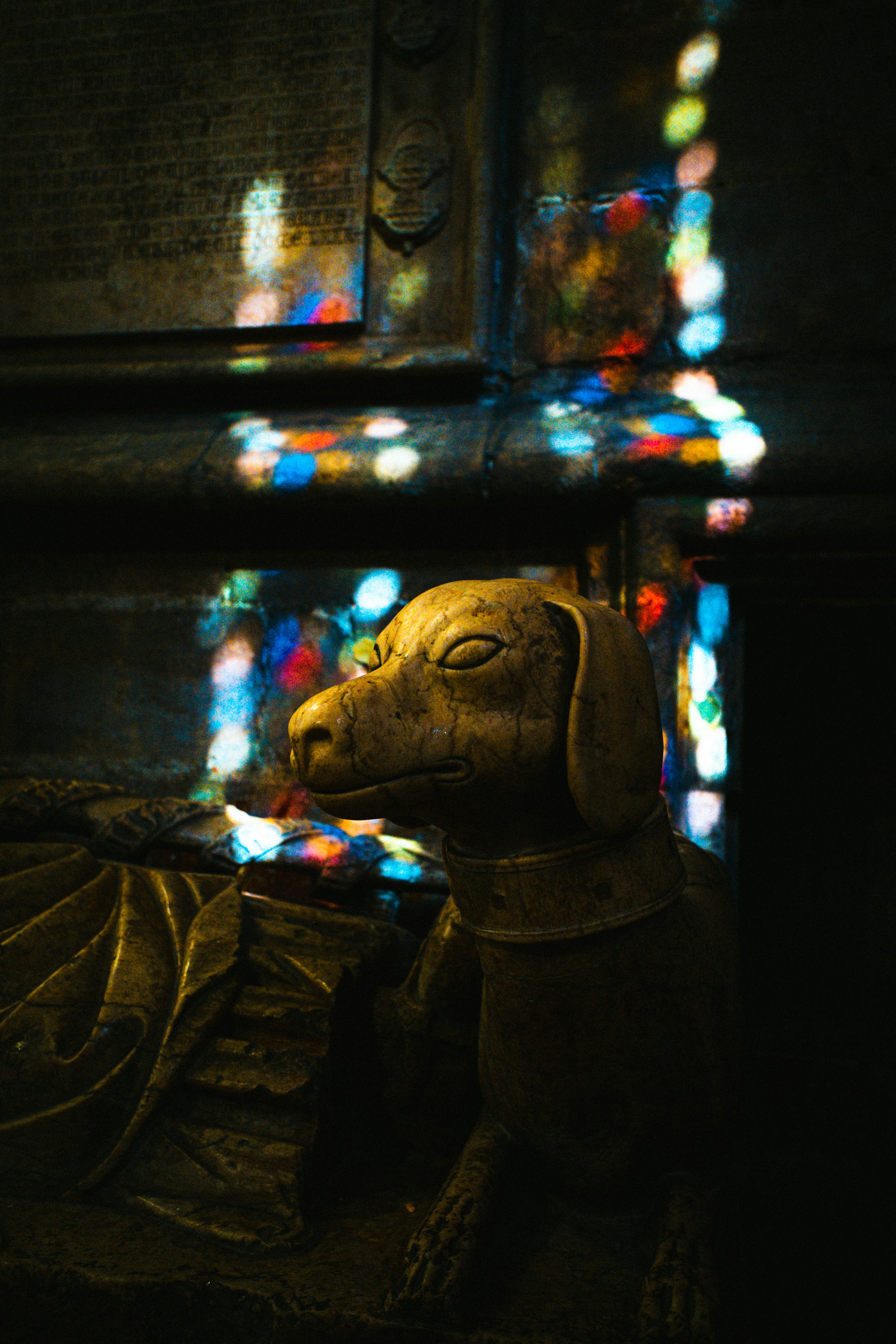 Prismatic Reverie: A Stone Dog Beneath Neon Echoes