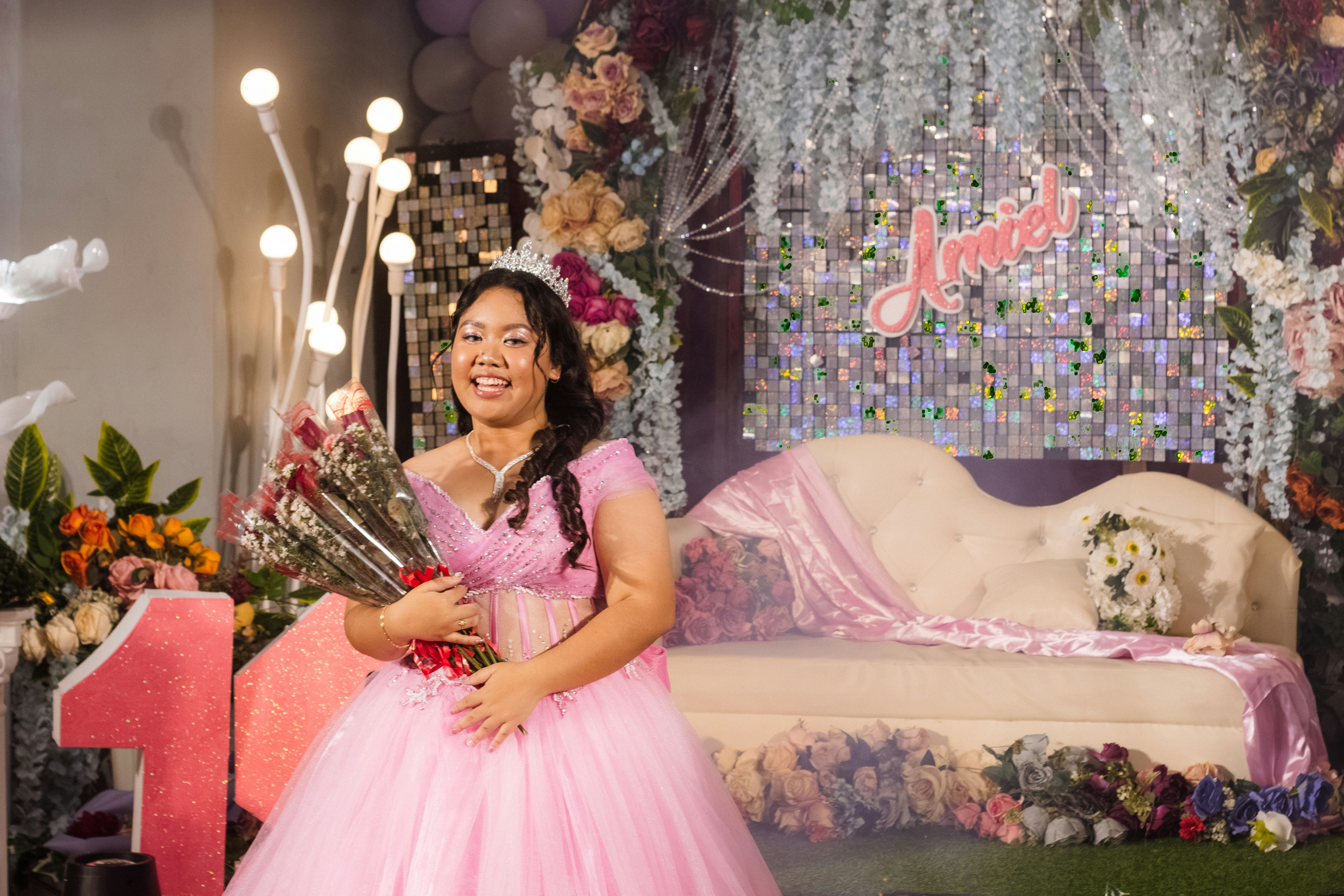 Bouquet and Ballgown Moment at a Floral Night