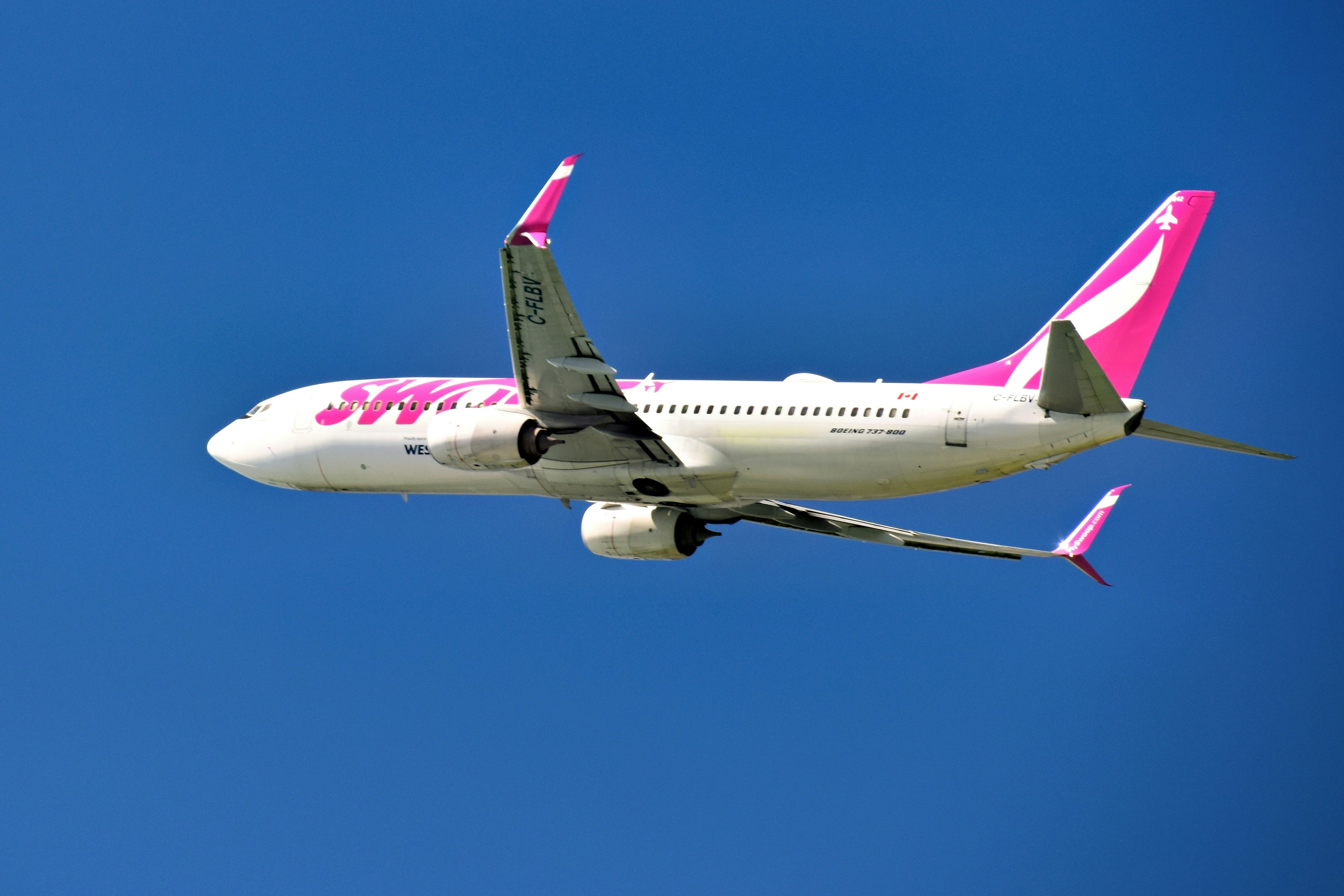 A pink and white airplane flying in the sky. photo – Free Airplane ...