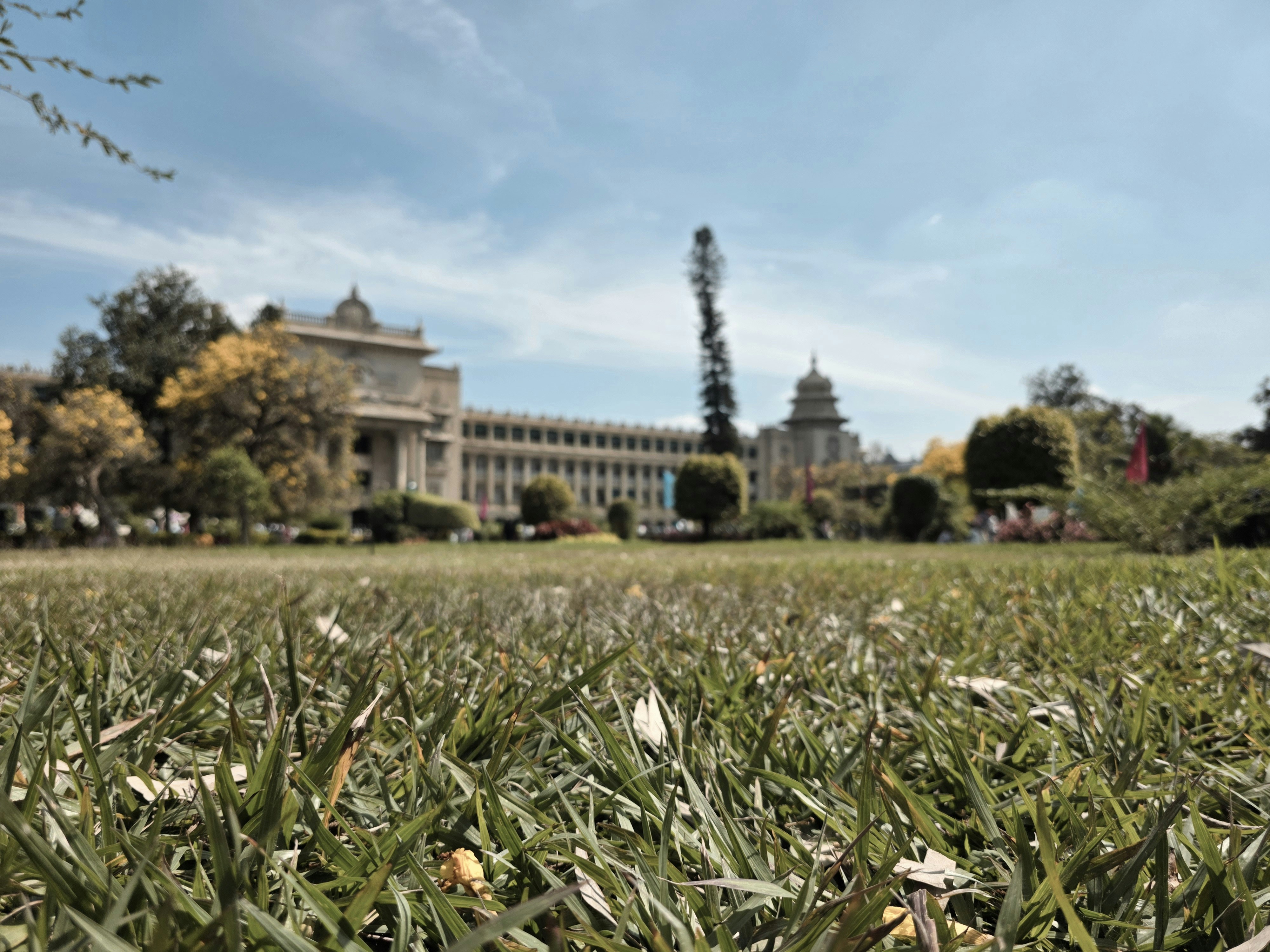 A low-angle photograph of a manicured lawn leading toward a Beaux-Arts campus with a domed central pavilion and symmetrical wings under a clear blue sky.