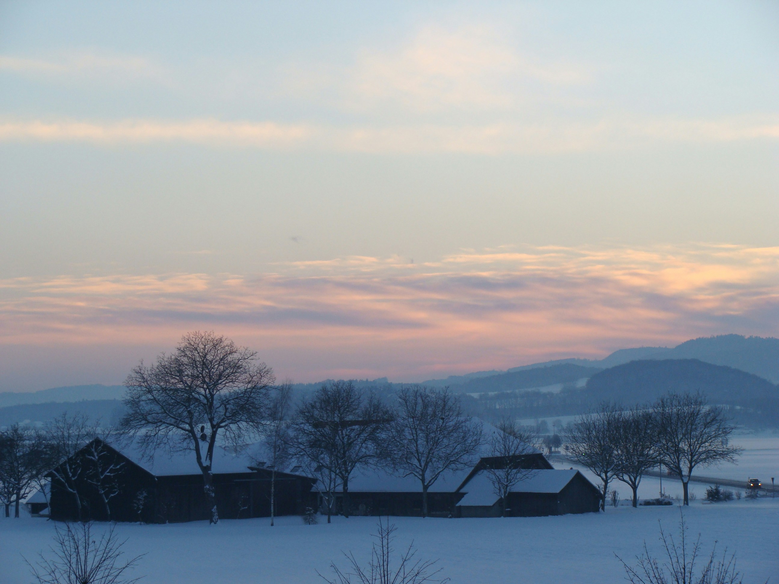 A snowy farm scene at dusk with beautiful colors. photo – Free House ...