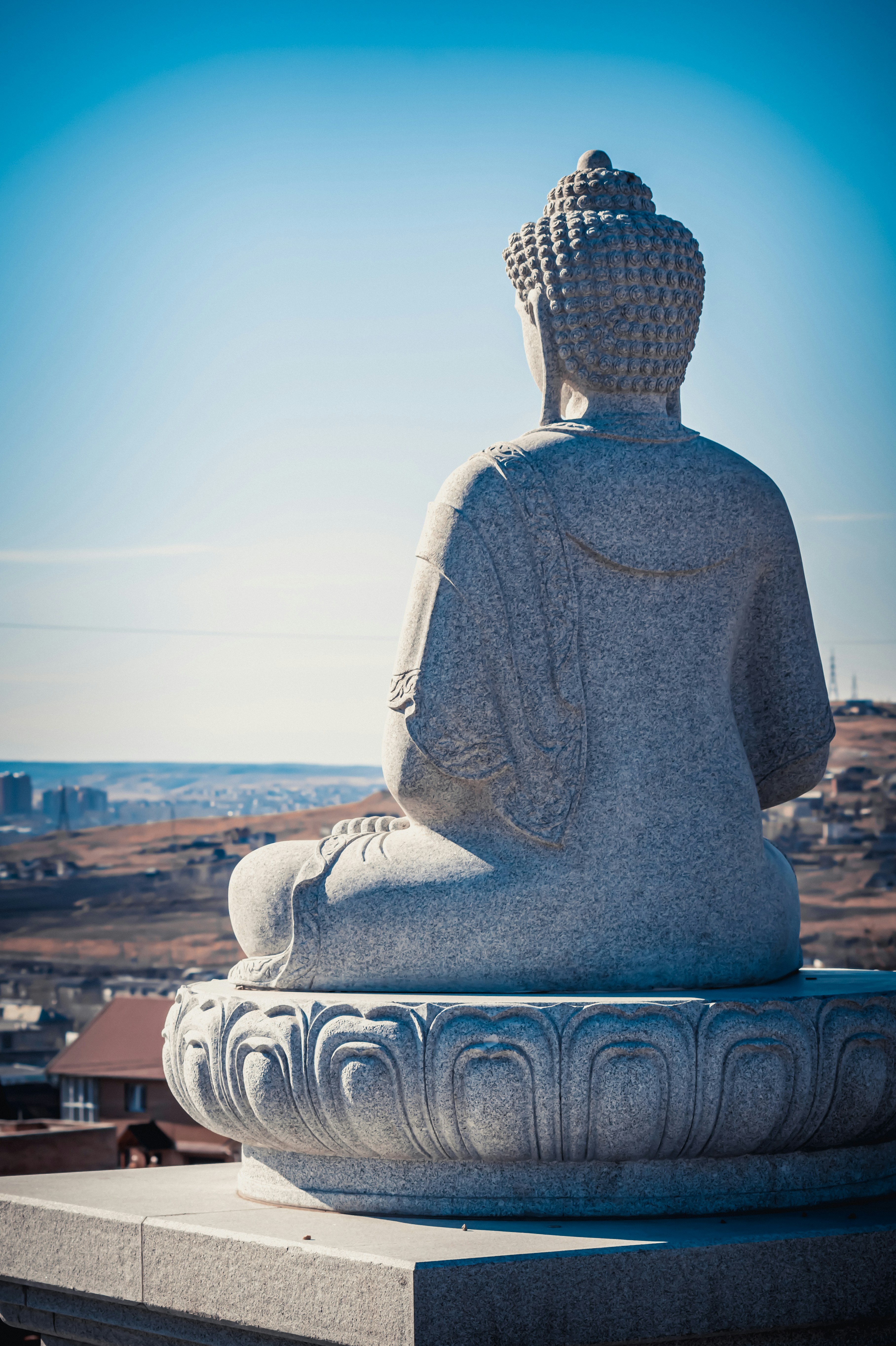 Stone Sentinel: Buddha Overlooking a Quiet Valley from a Marble Pedestal