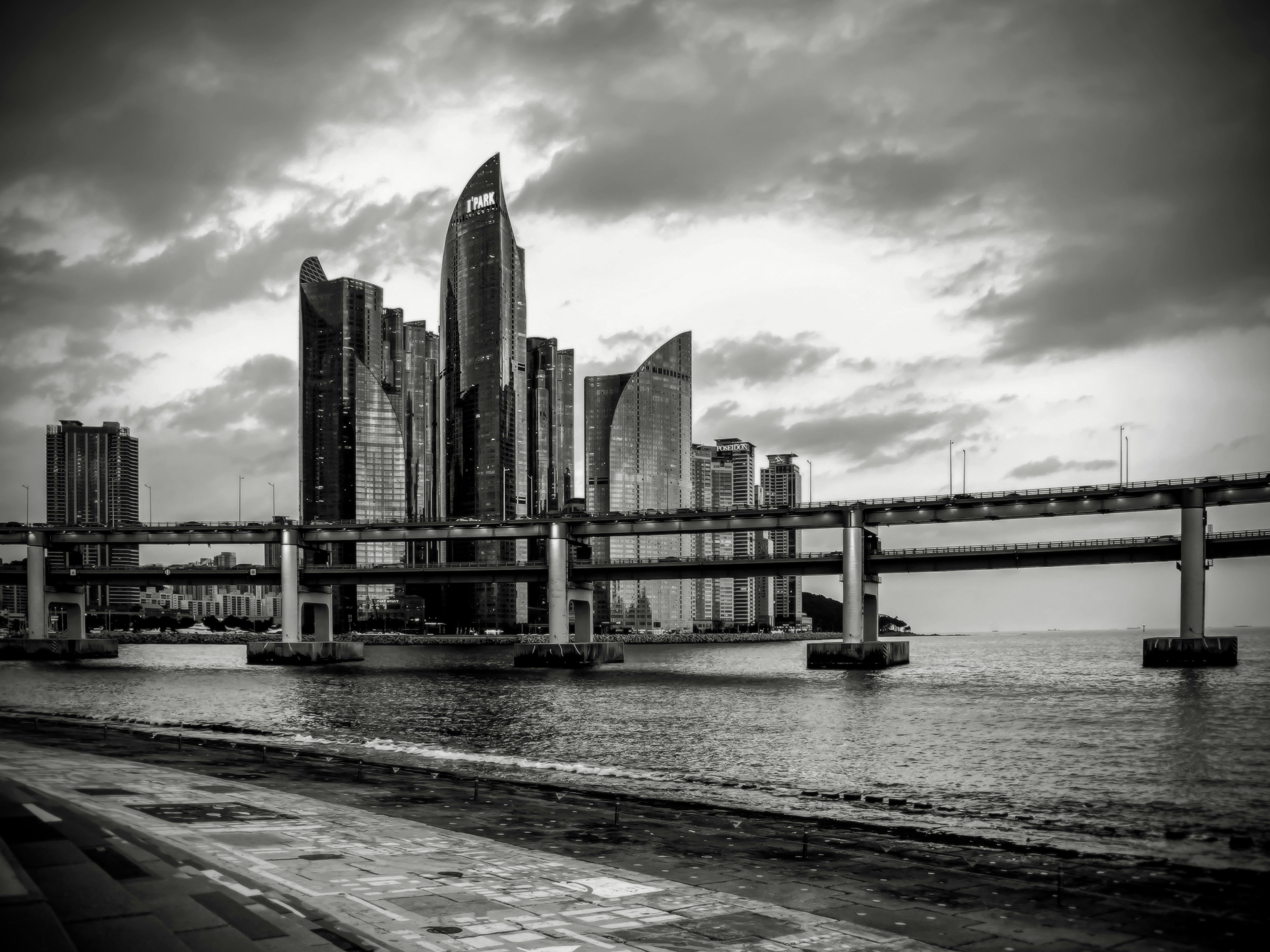 Monochrome Harbor: A Bridge Framing a Modern Skyline