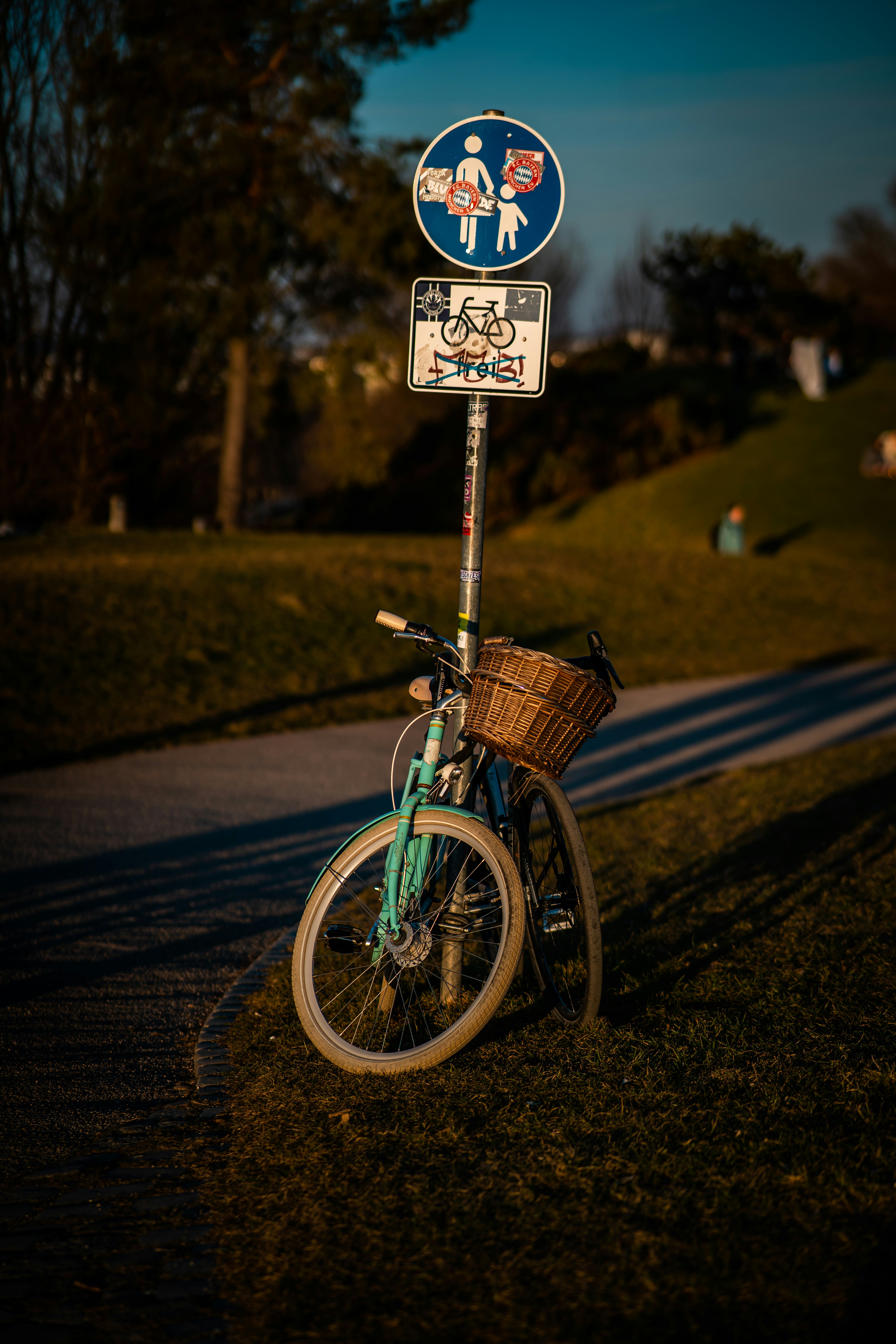 Teal Bicycle at Golden Hour: A Basketed Ride by a Quiet Park Sign