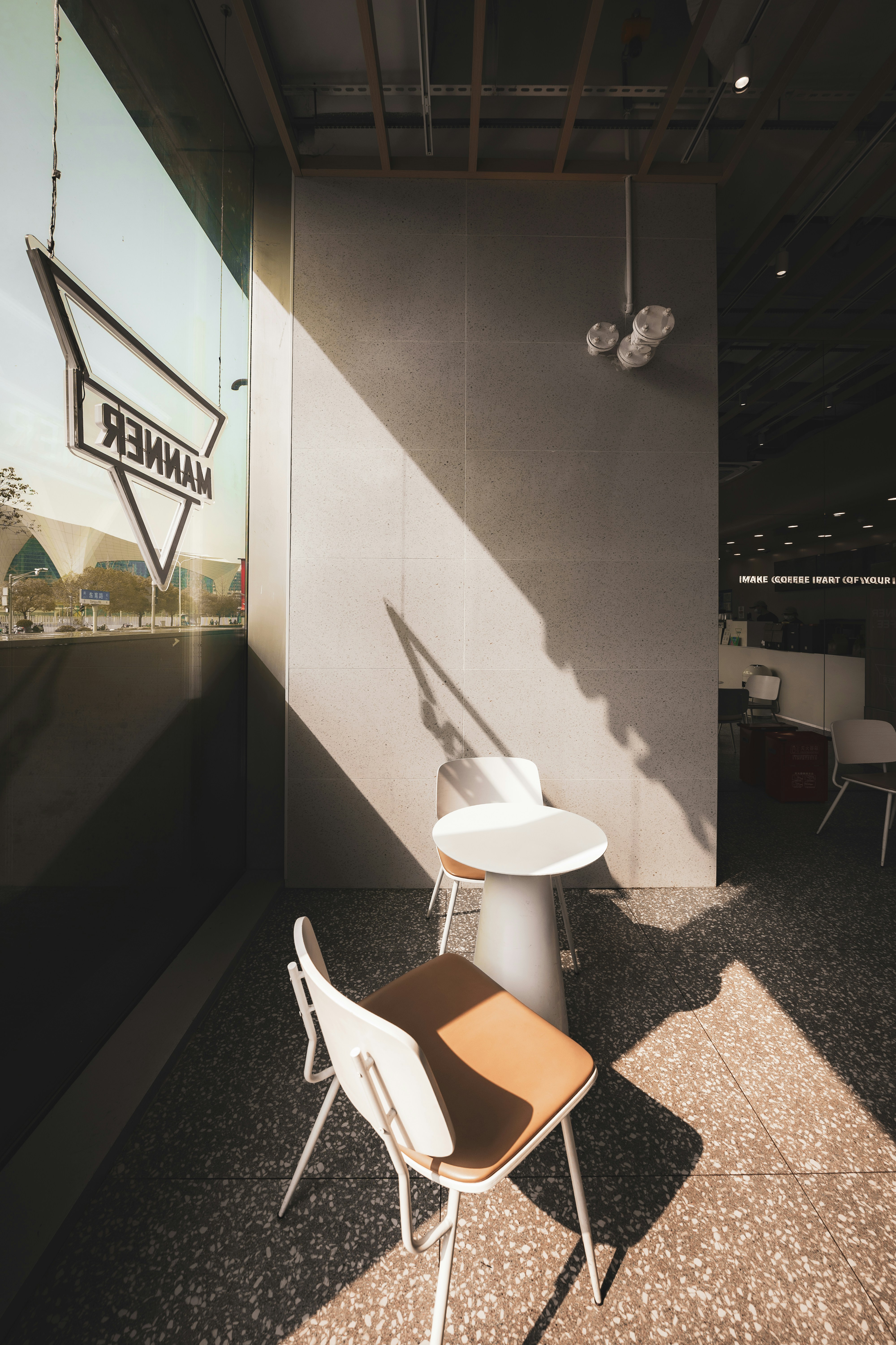 A sunny cafe corner with chairs and a table. photo – Free Sunset Image ...