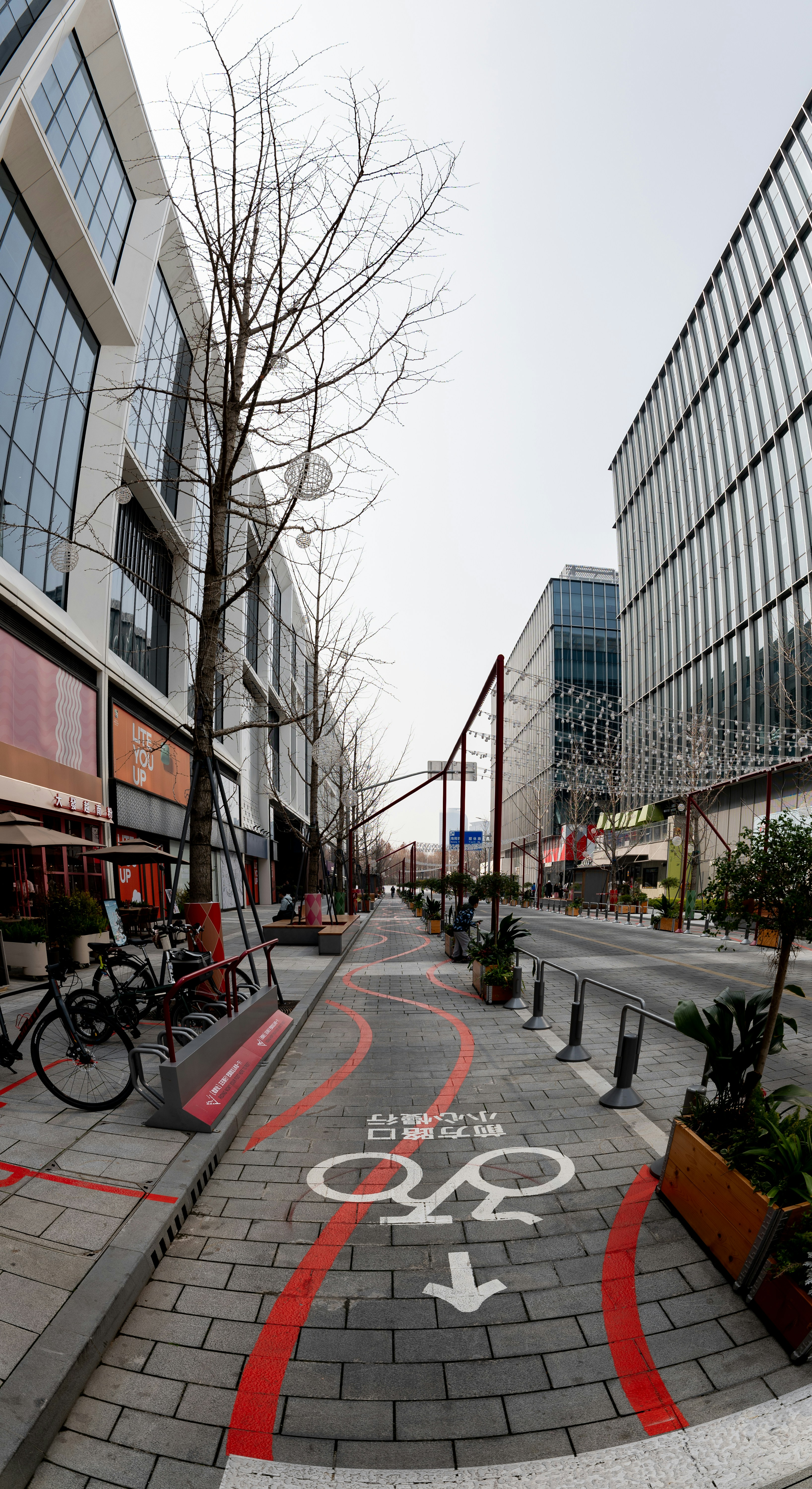 Parallel Red Currents Lead Through a Modern City Street