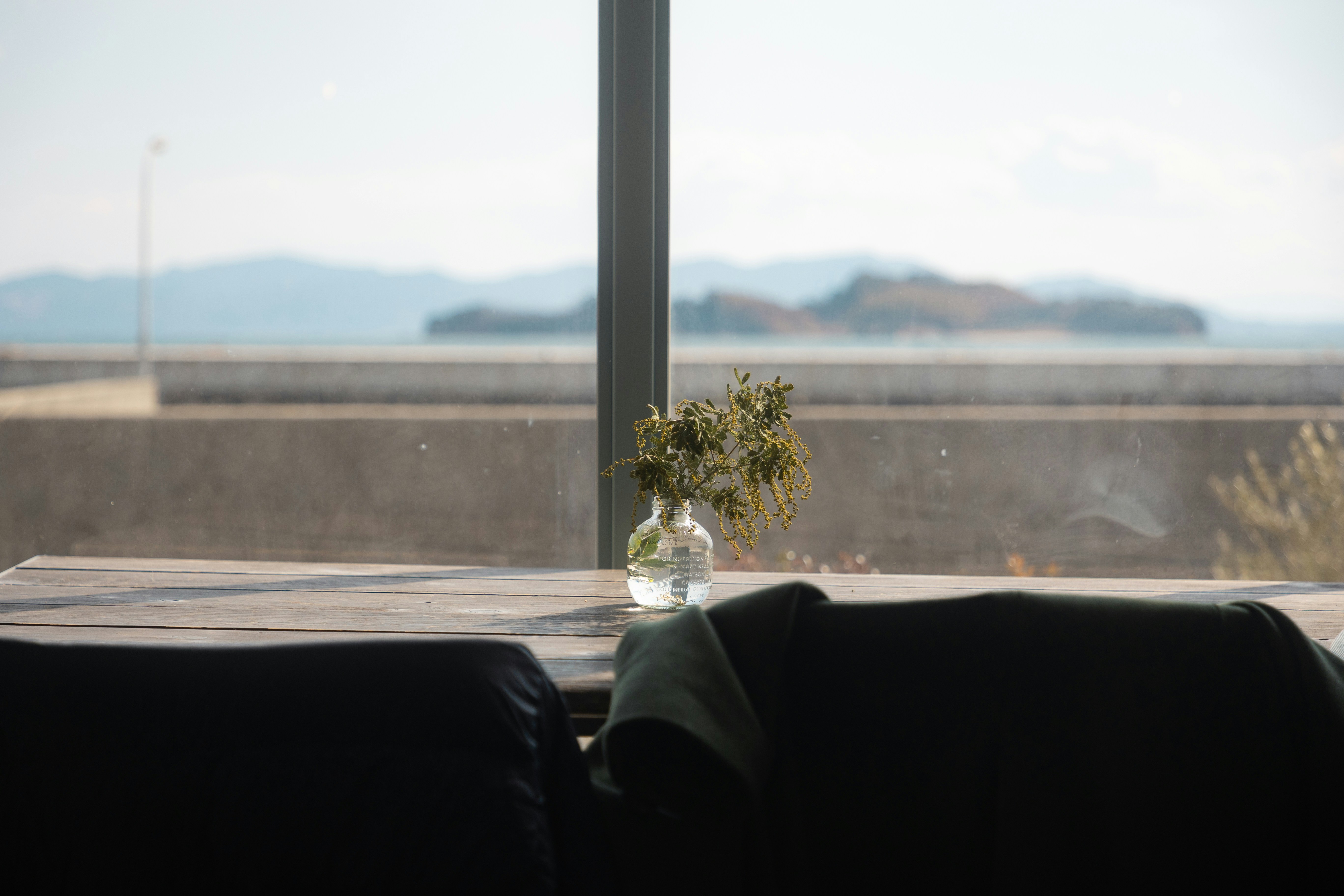 Sea-View Still Life: Vase, Window Light, and Quiet Chairs
