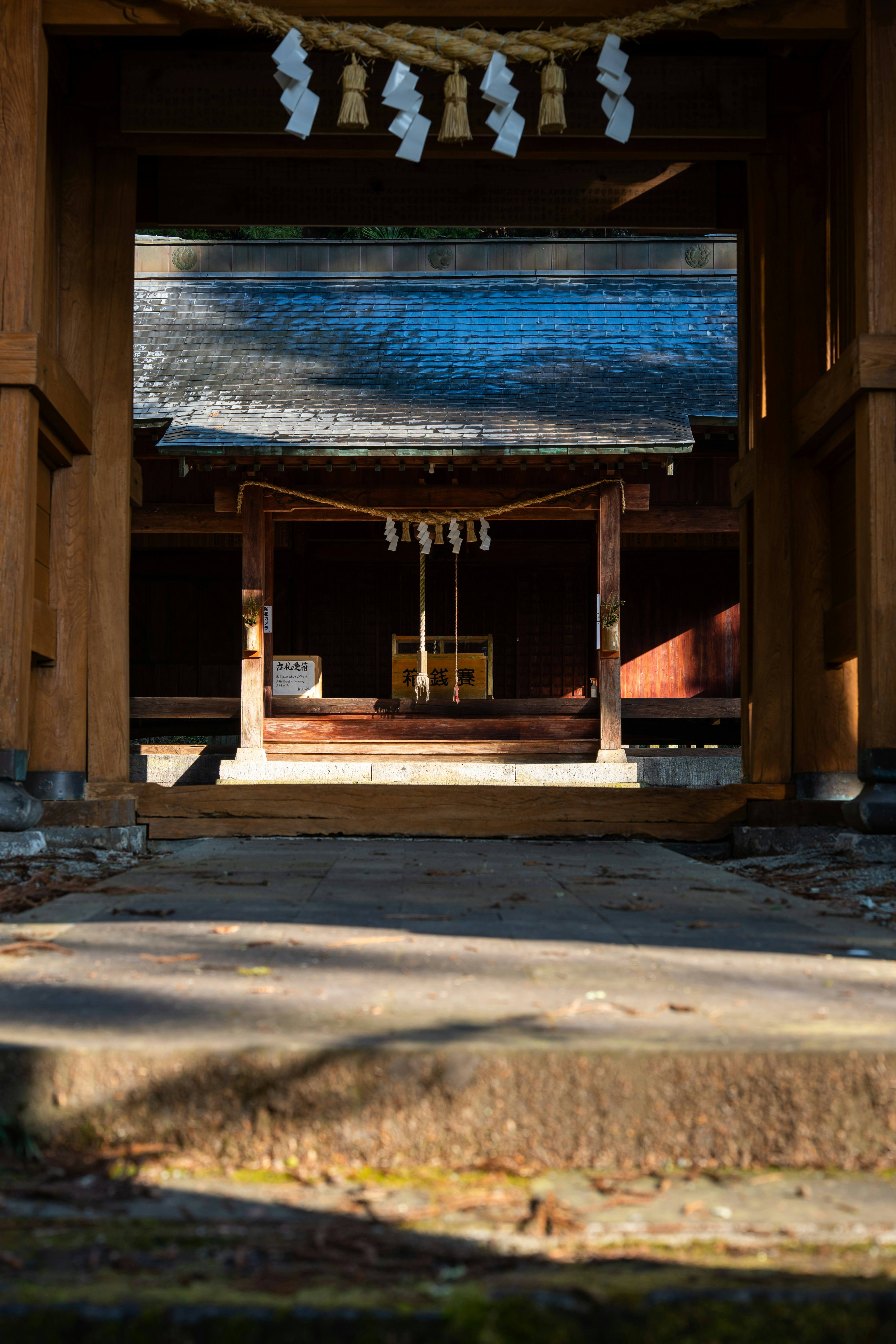 Sunlit view through a wooden shrine gate reveals a central altar framed by a rope and shide, with steps leading to the inner sanctuary.