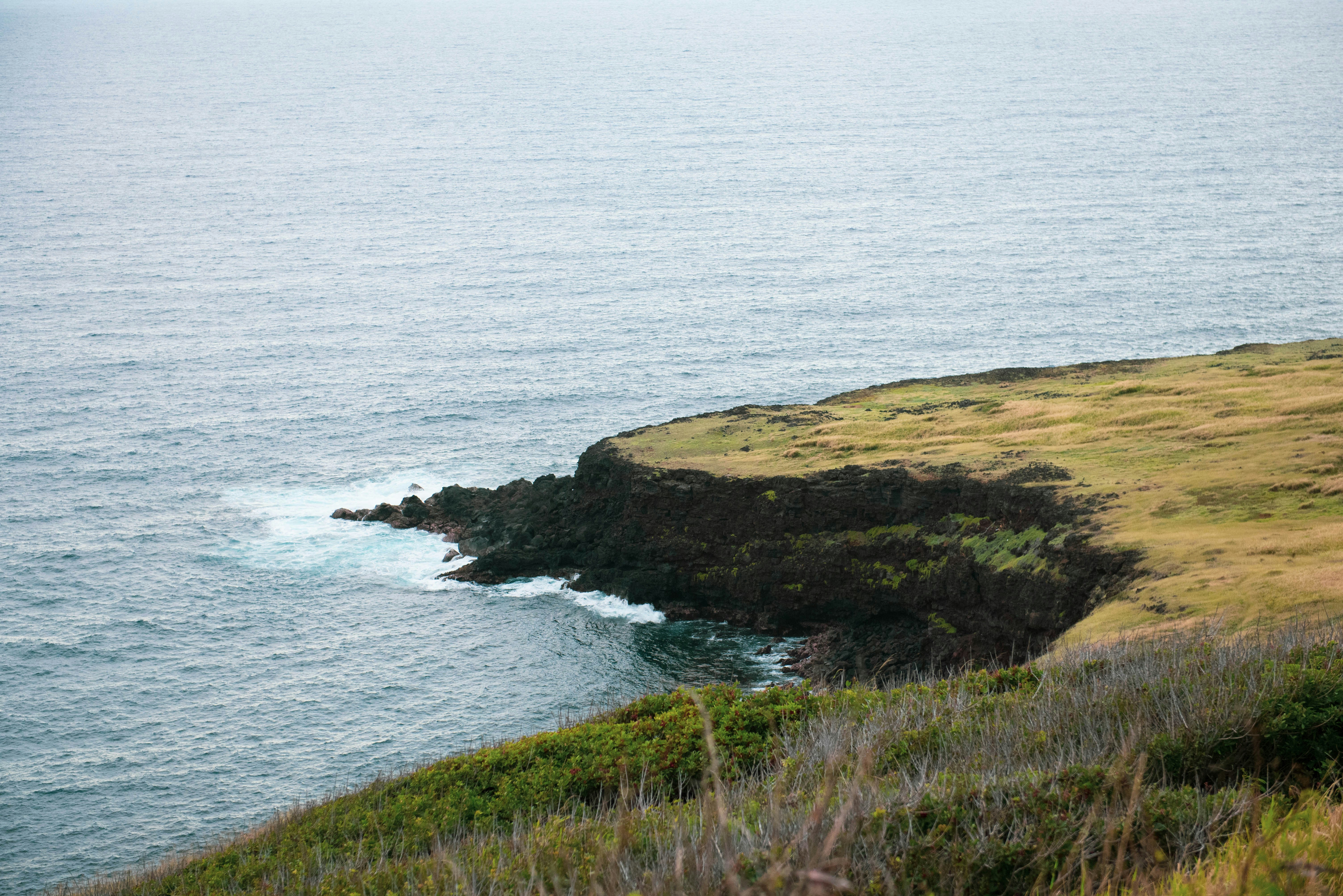 Rocky coastline with grassy cliffs extending into the ocean under a clear sky.