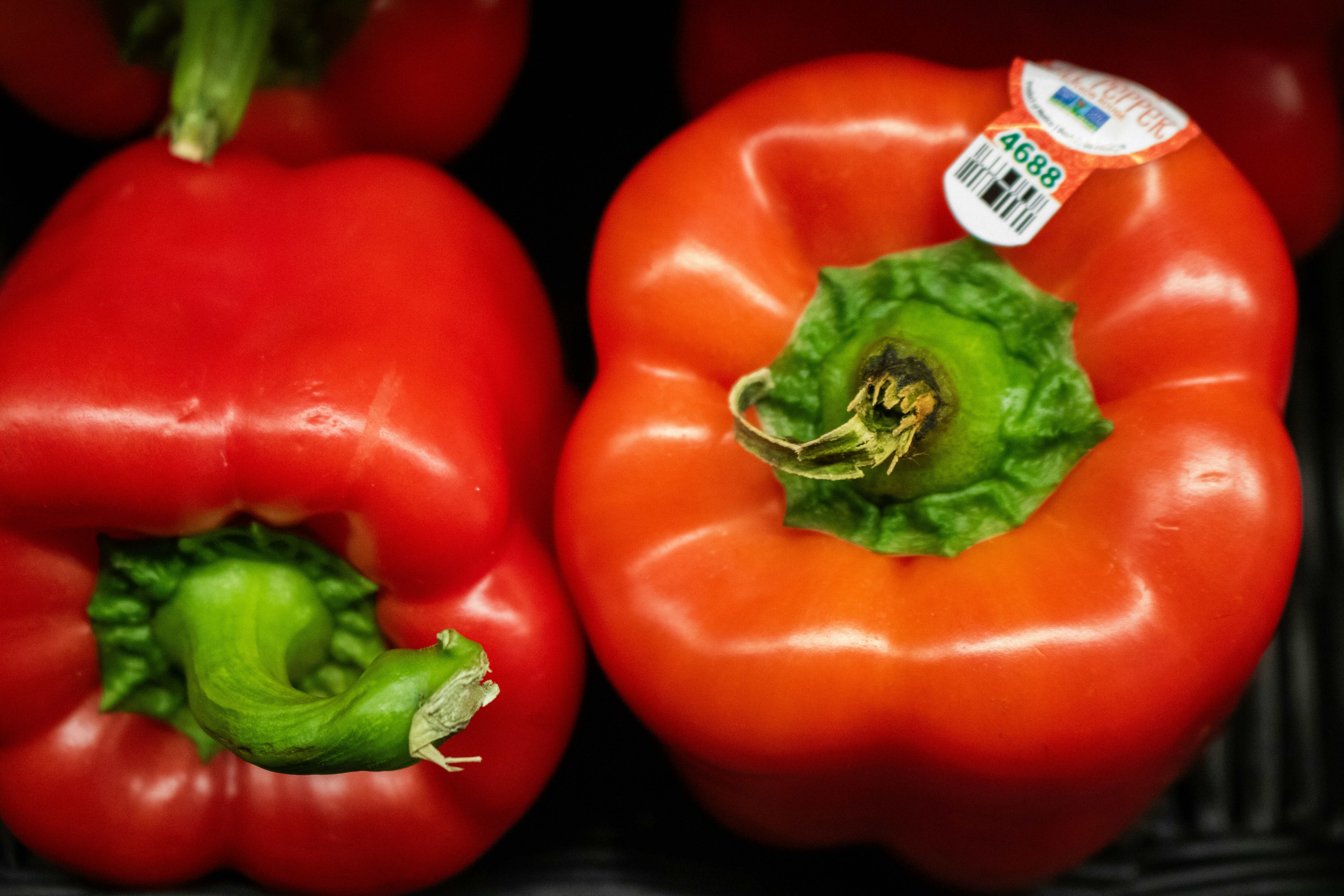 Stickered Scarlet Bell: Close-Up Portrait of Two Peppers in a Dark Basket