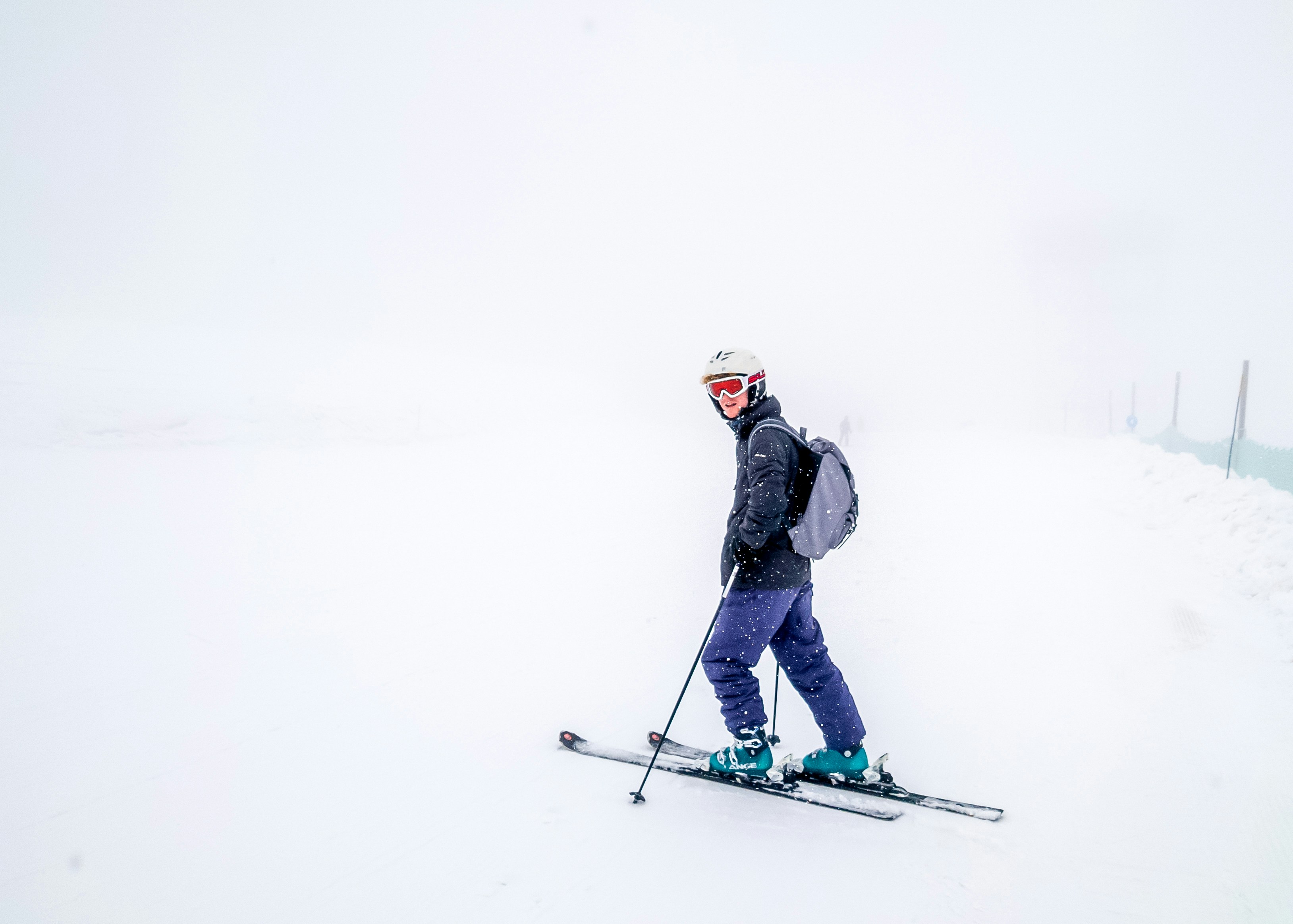 Skier stands confidently on a snowy slope amidst a swirling blizzard.