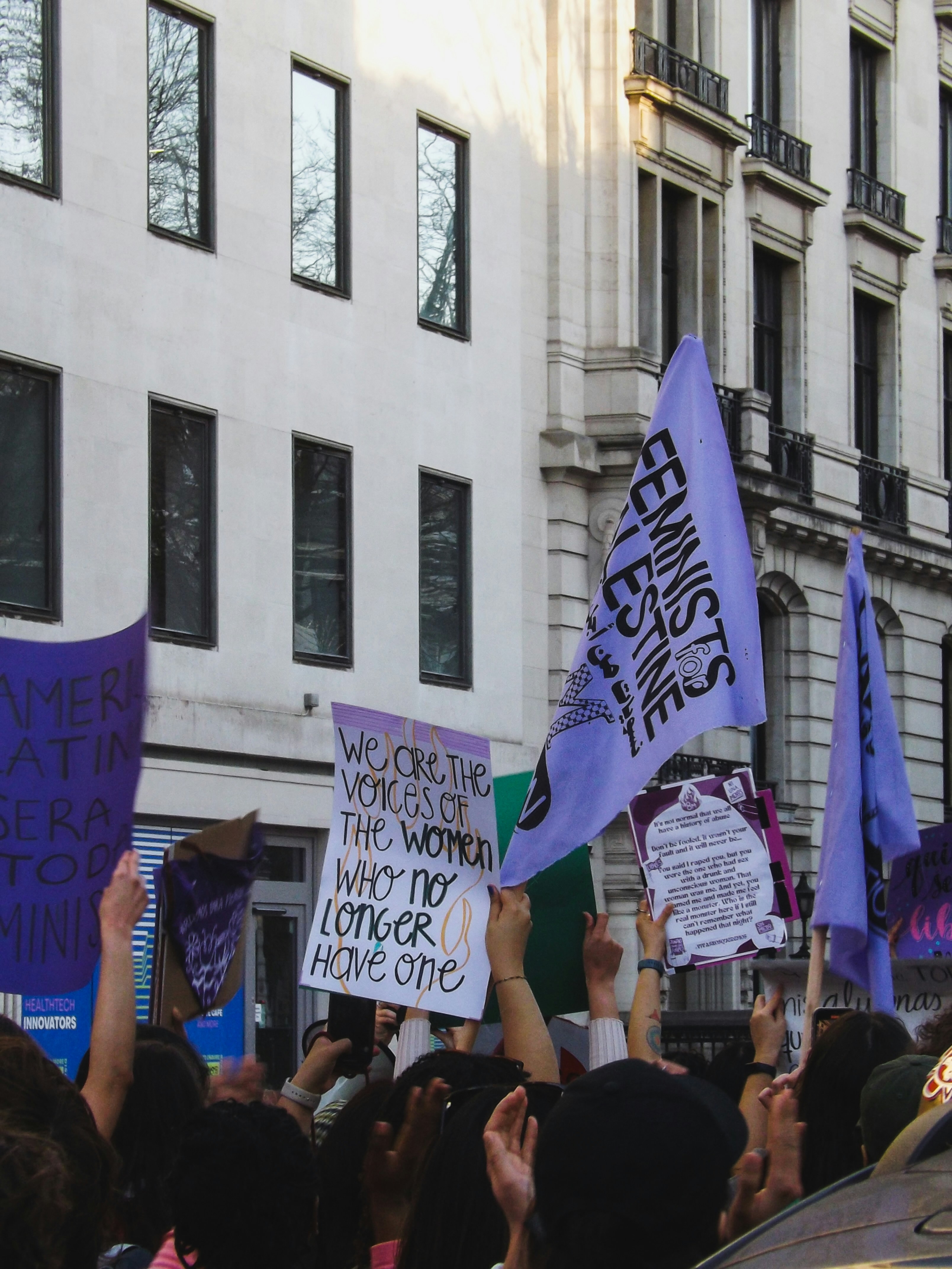 Protesters hold signs and flags at a feminist rally. photo – Free ...