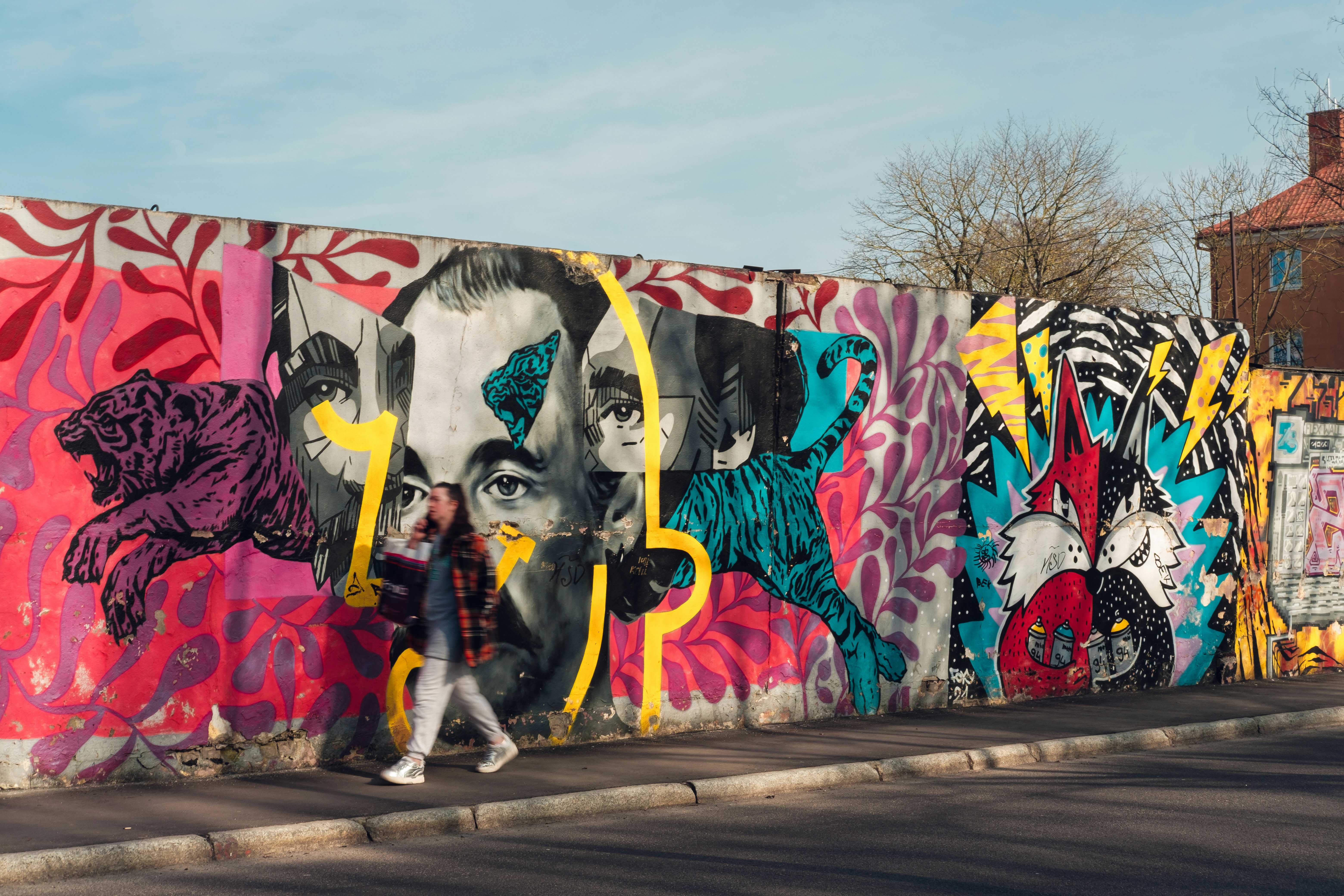 Une personne passe devant une peinture murale colorée. photo – Image ...