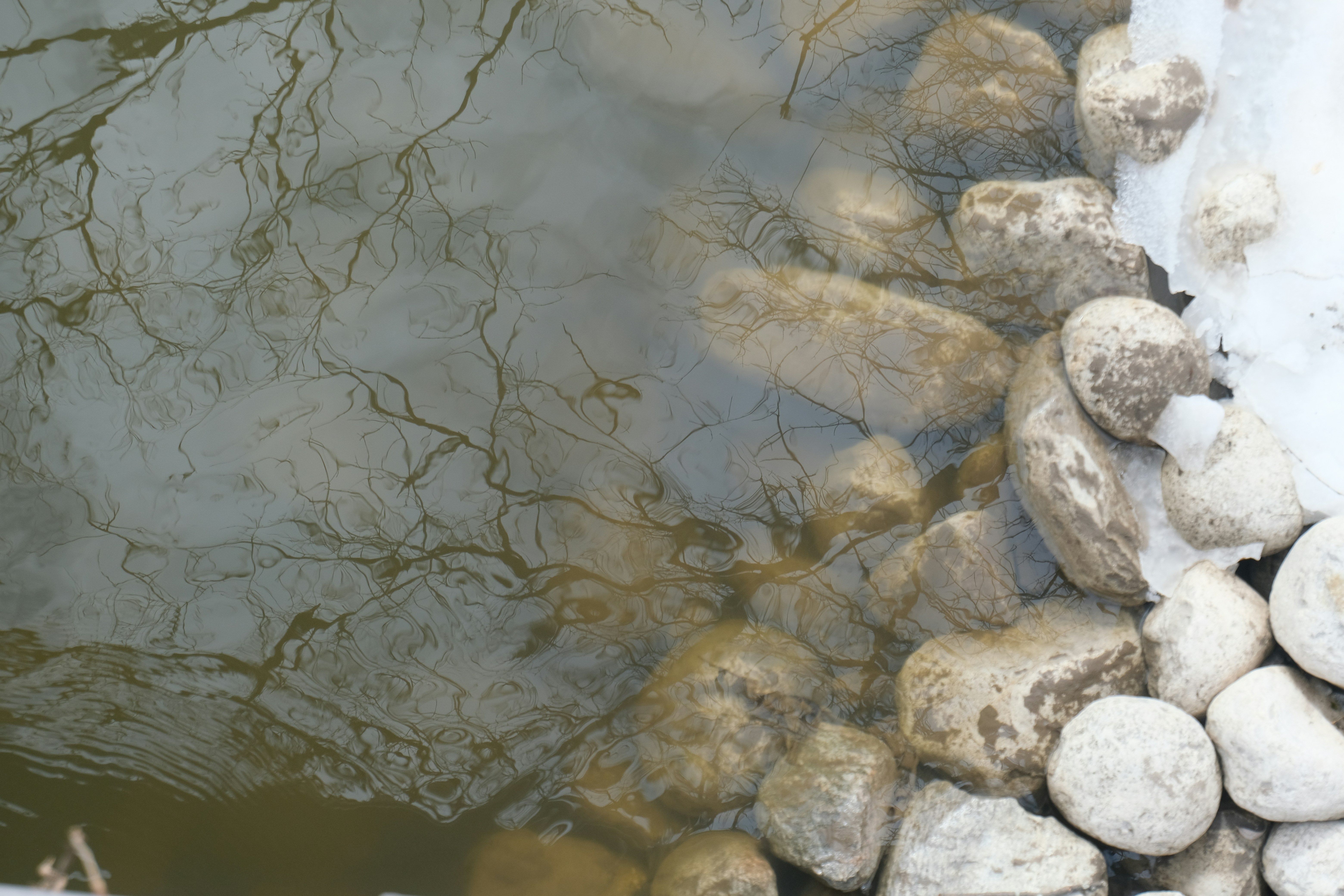 Rocks partially covered in snow beside a reflective, rippling stream.