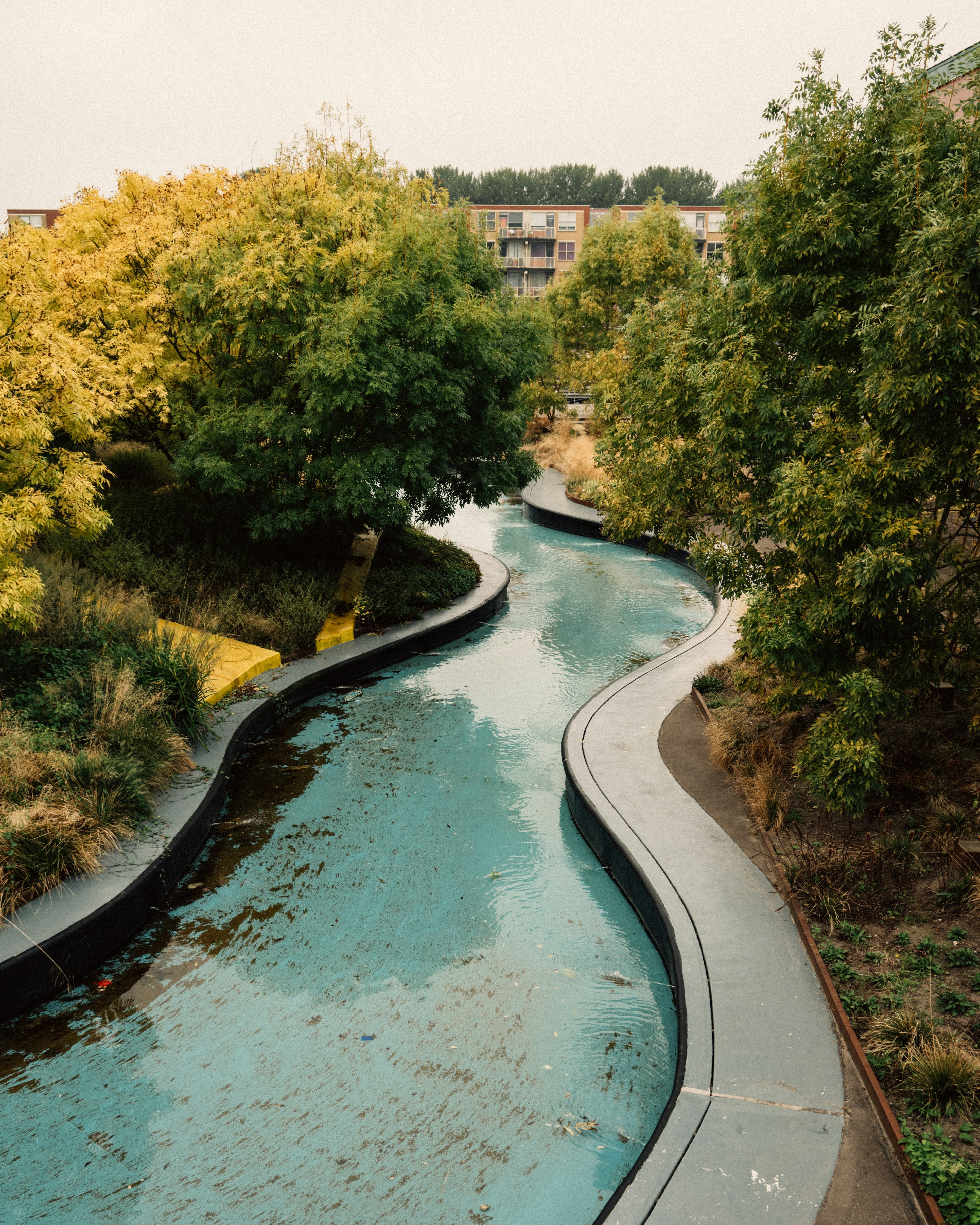 Meandering blue waterway flanked by lush trees and urban buildings under a clear sky.