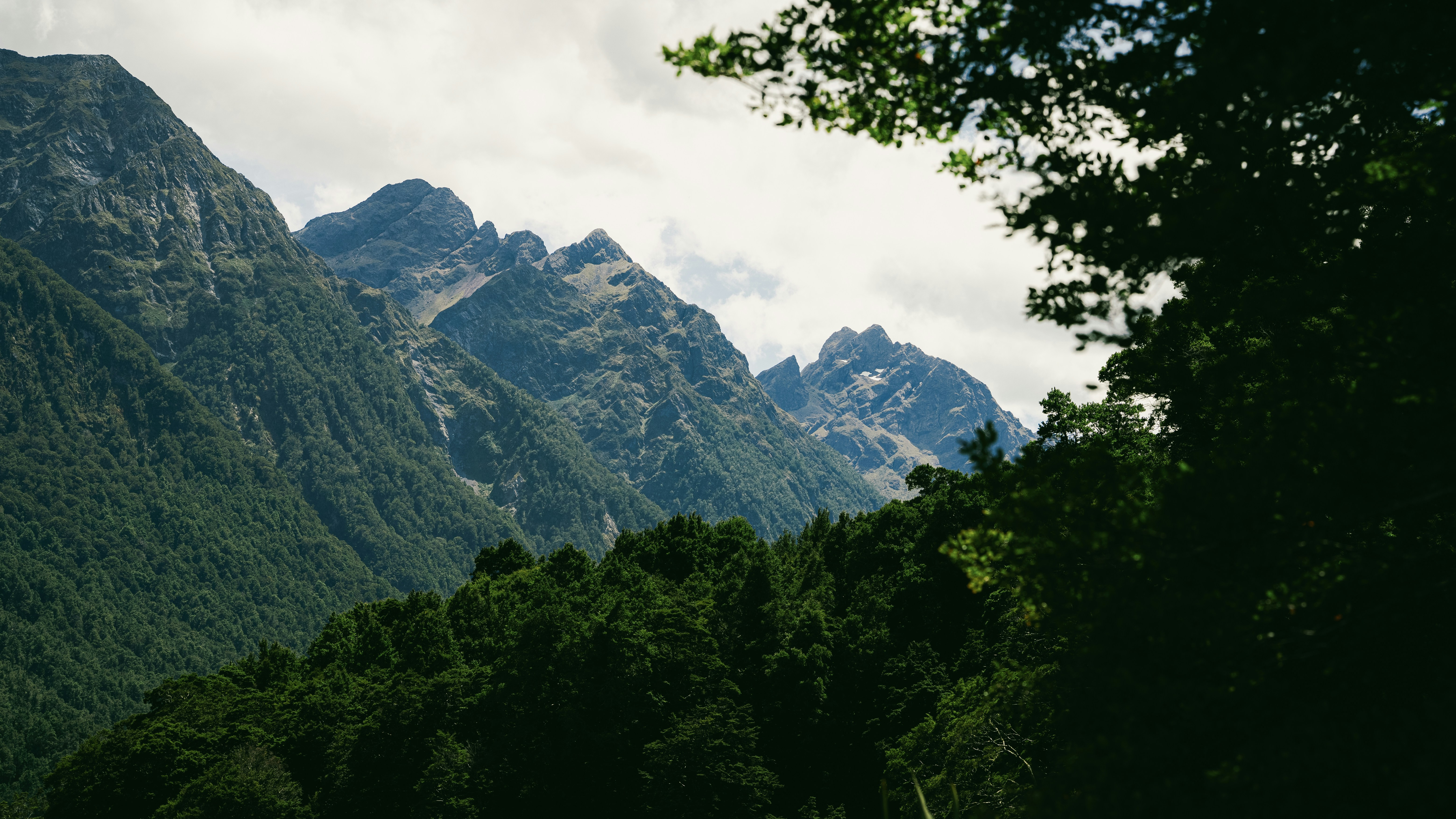 Majestic mountain range rises above a lush forest, with clouds gently drifting across the sky. The scene captures the serene beauty of nature in a remote landscape.
