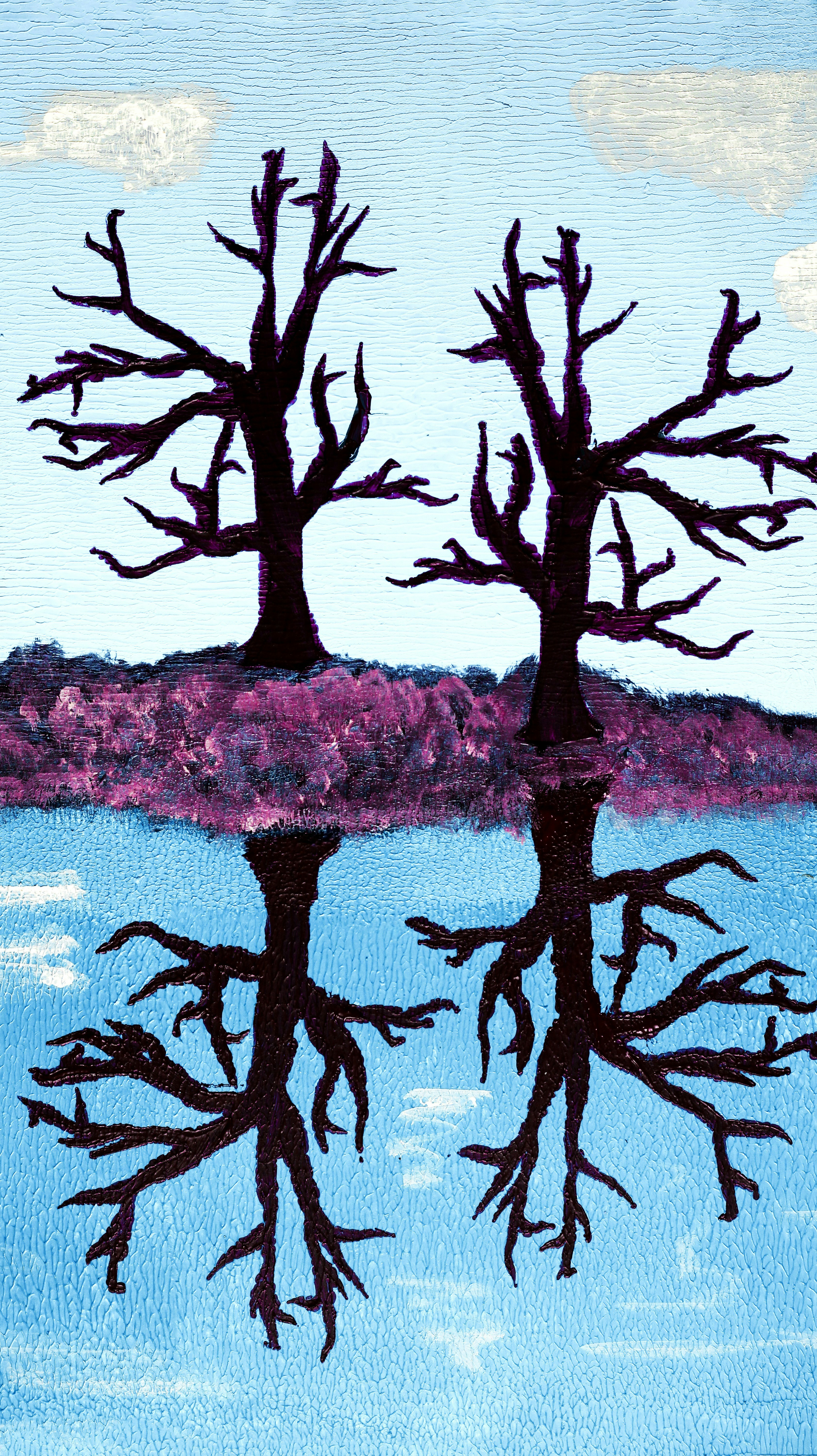 Twin silhouettes of the leafless trees mirrored on a tranquil blue lake