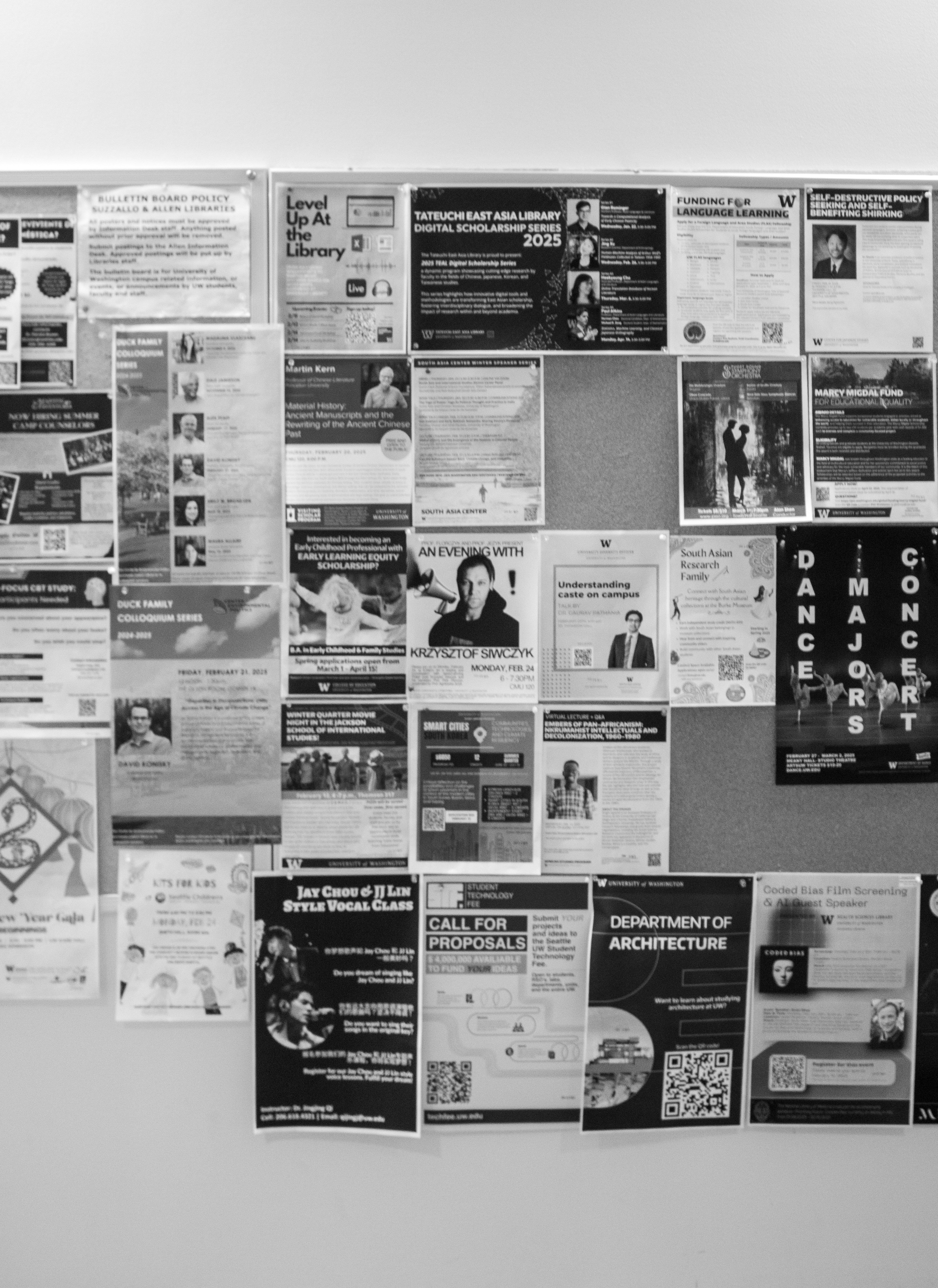 A collage of flyers and announcements pinned on a bulletin board, showcasing various community events and educational opportunities.