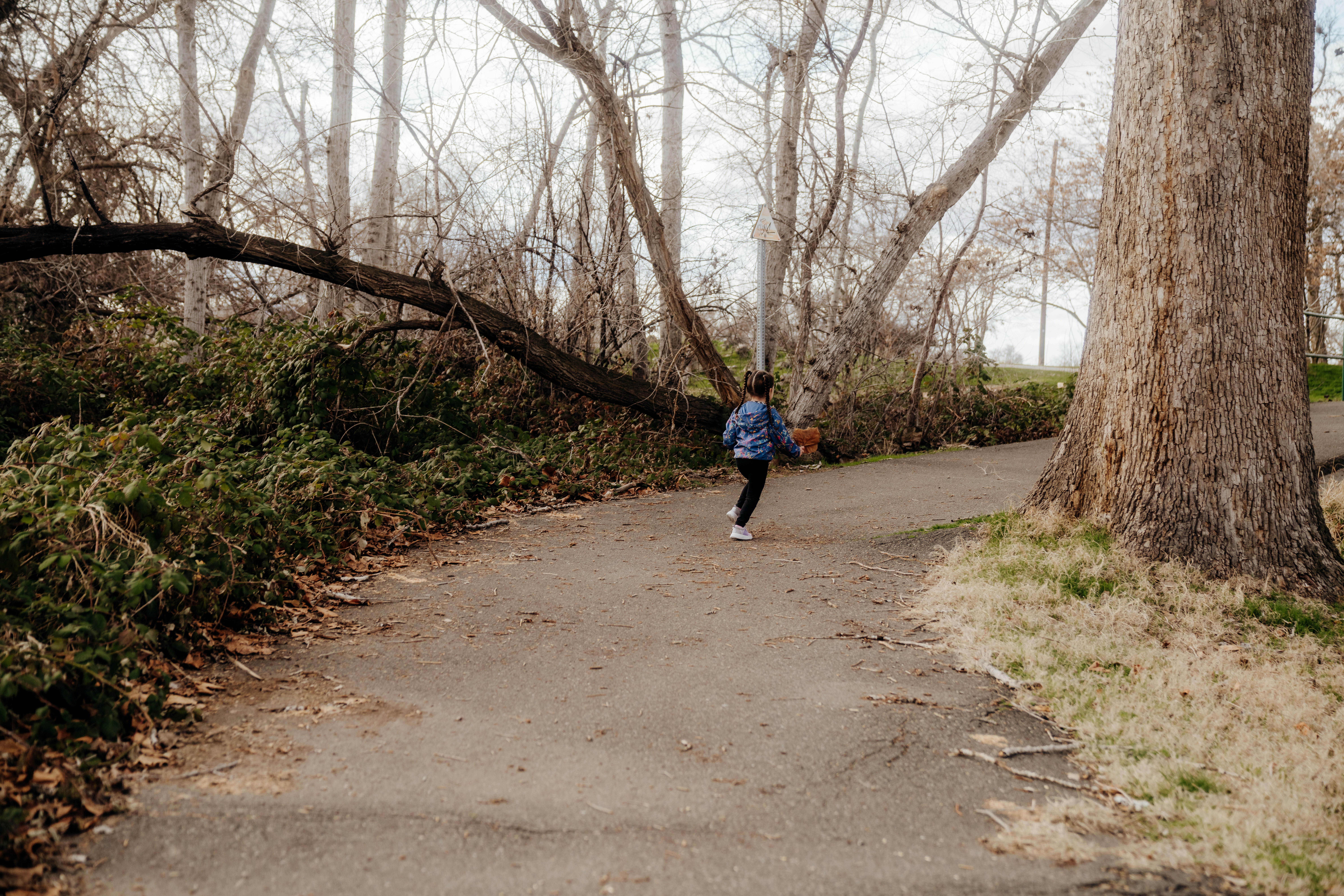 Child in colorful jacket runs along a tree-lined path with bare branches overhead.