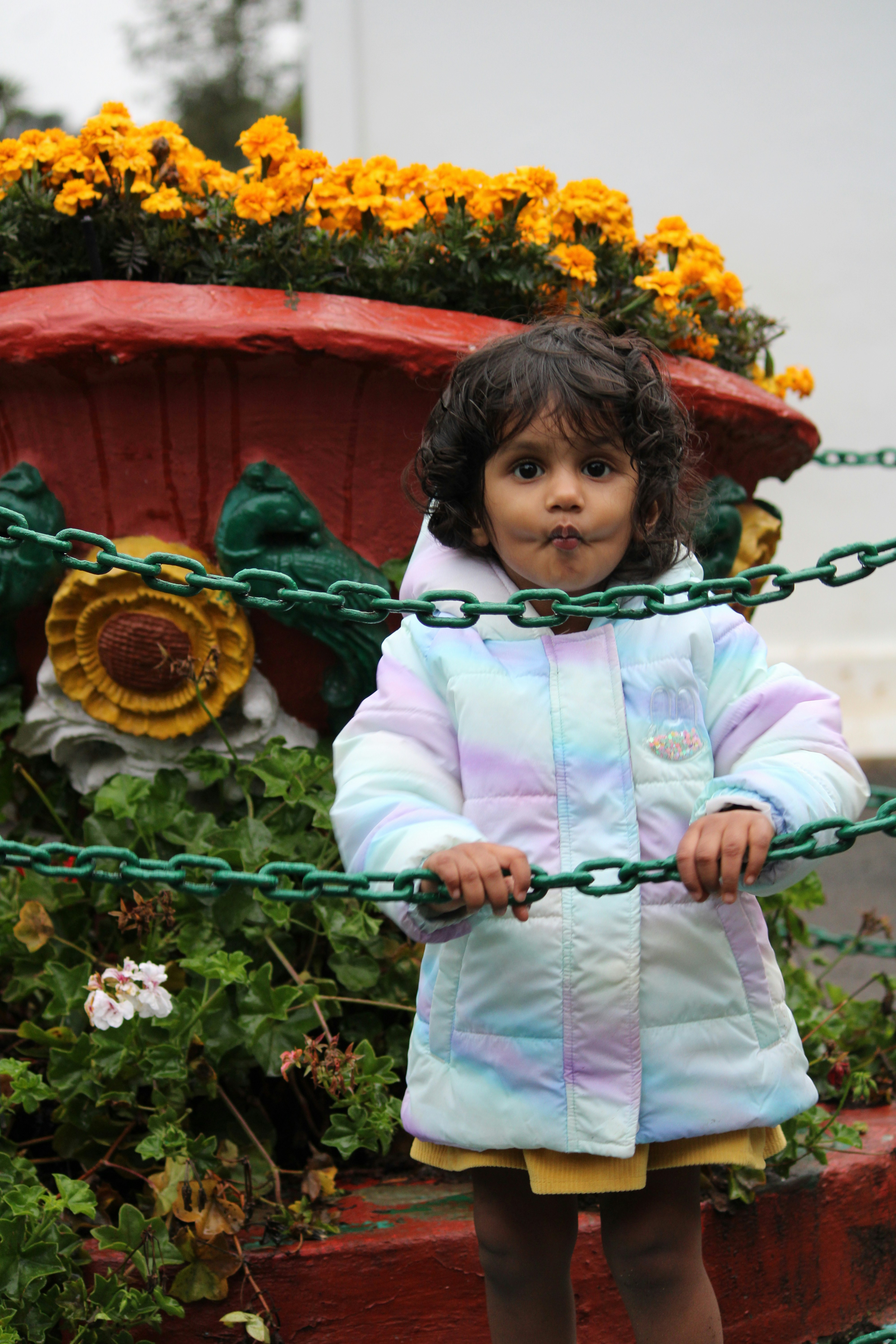Pastel Promise: A Little Observer by the Sunlit Marigolds