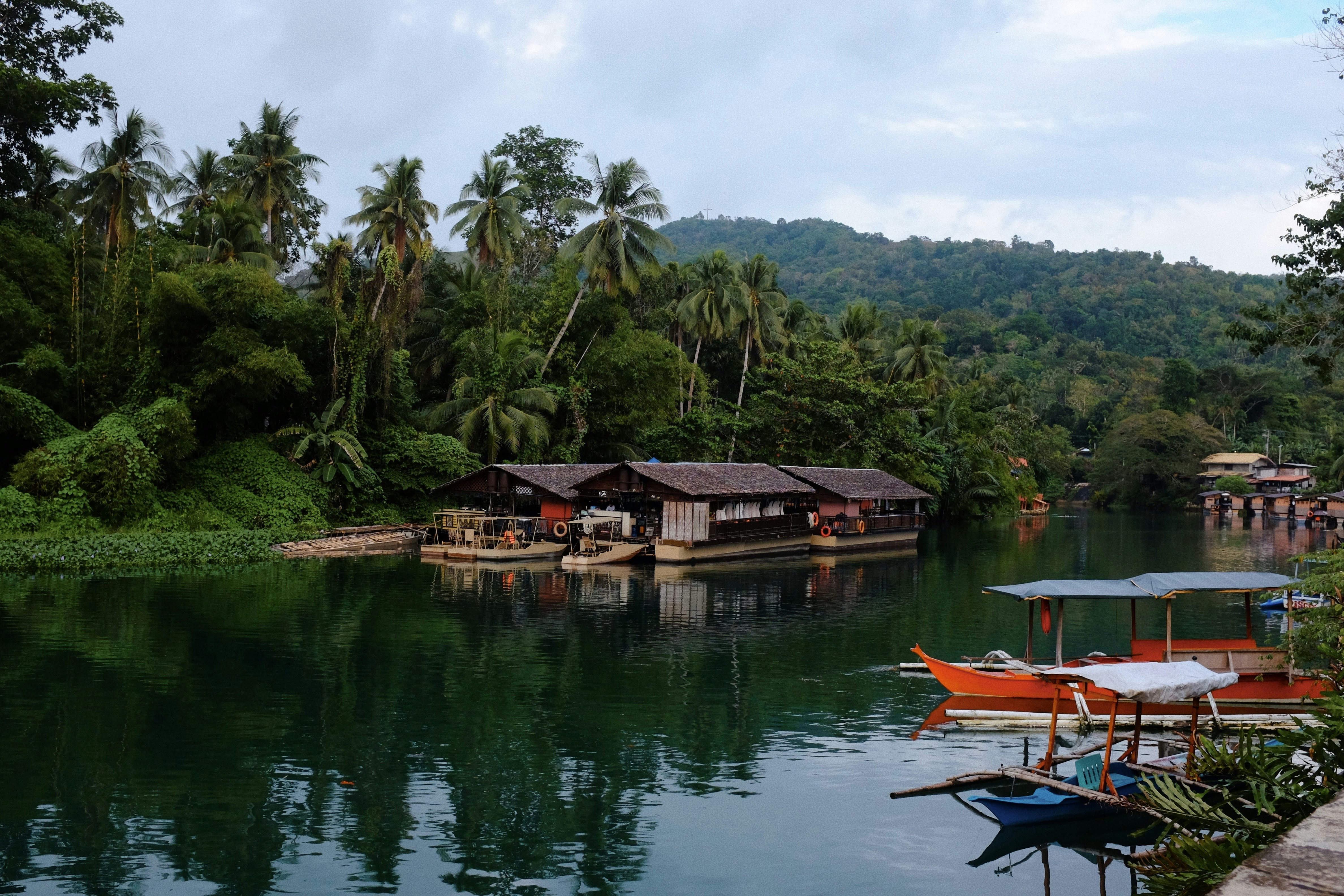 Scenic river with boats and lush greenery surrounds. photo – Free River ...