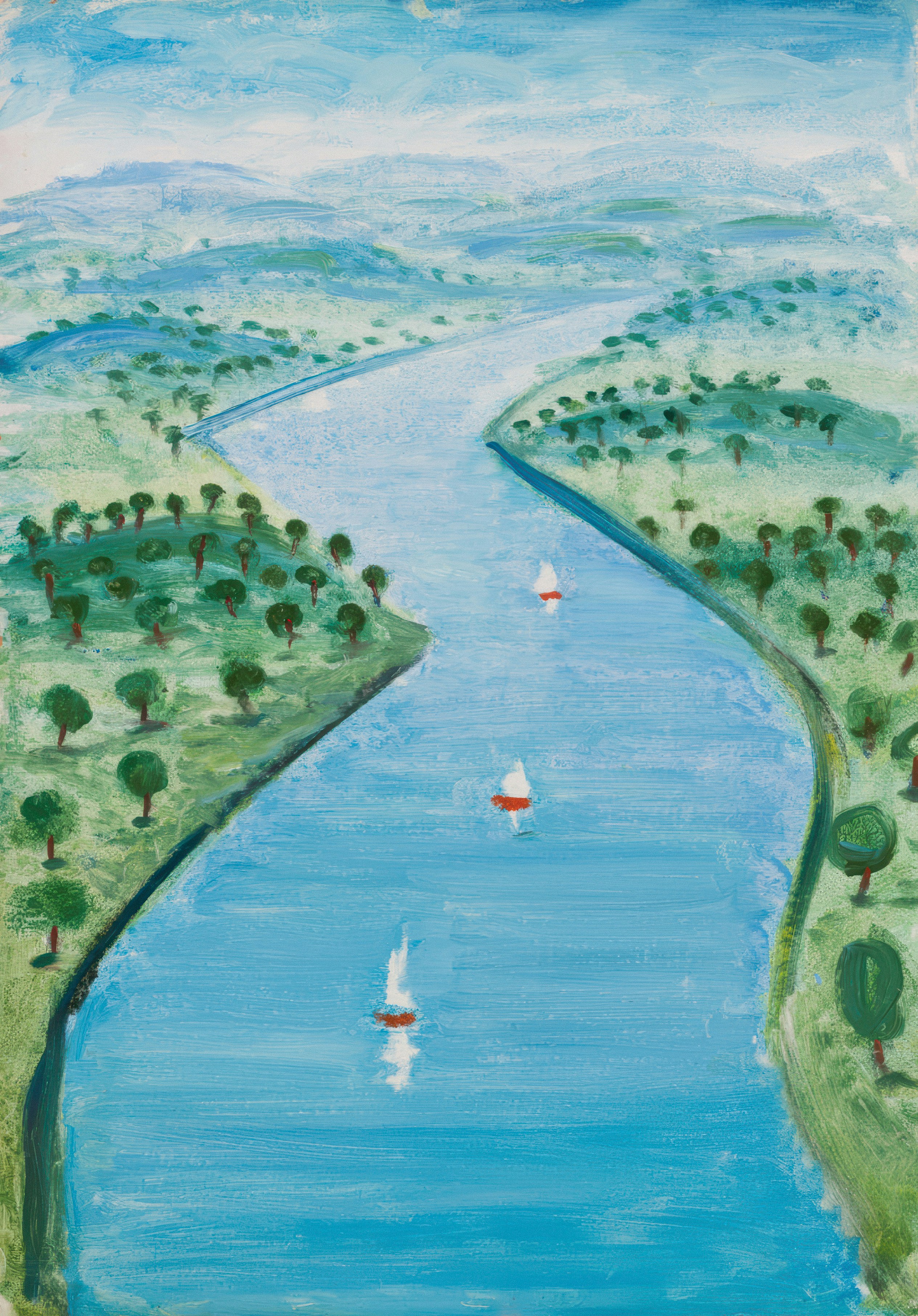 Blue Ribbon River: Three Sails Sliding Between Verdant Banks