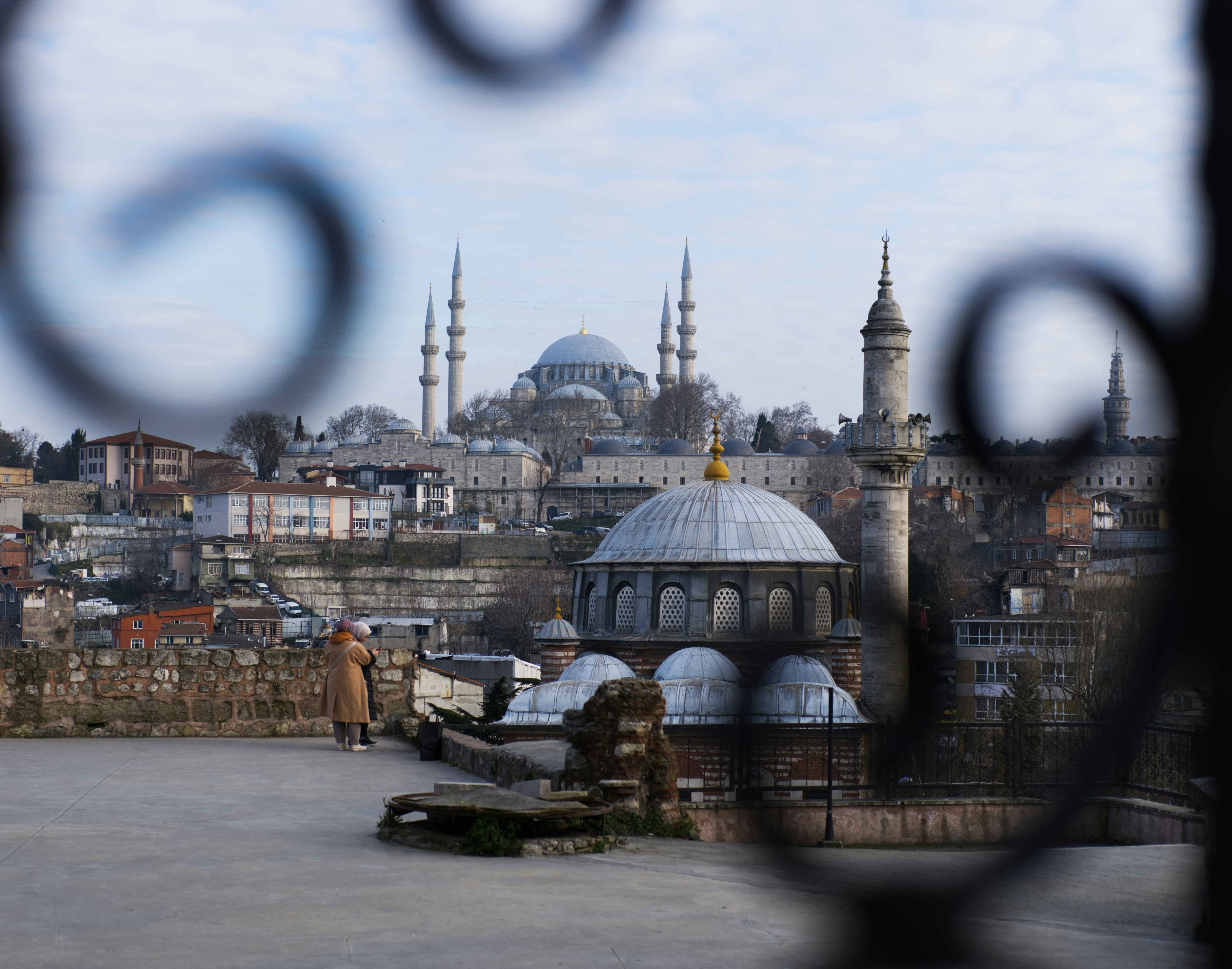 Historic domes and minarets viewed through ornate ironwork on a cloudy day.