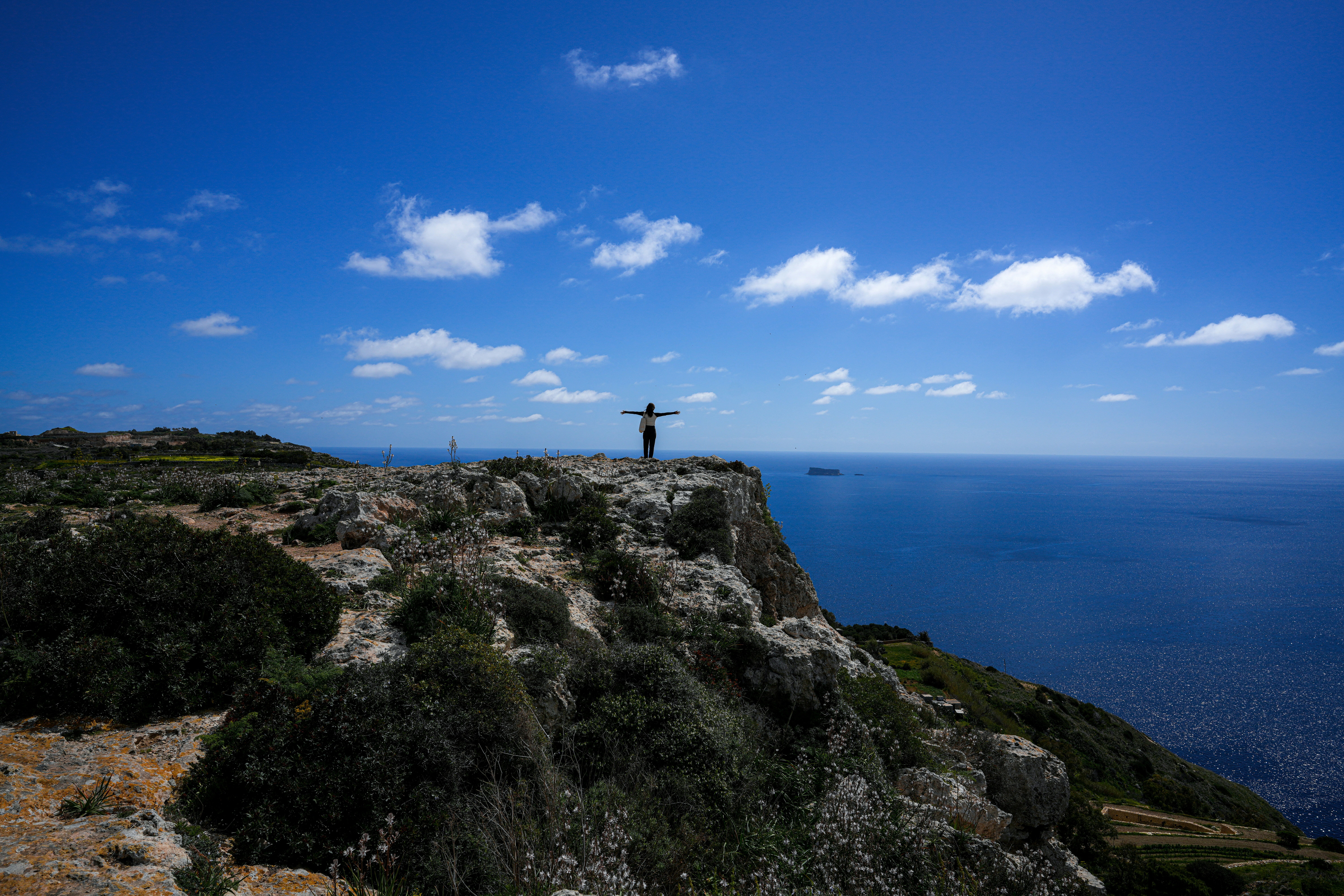 Person standing on a rocky cliff with arms outstretched, overlooking a deep blue ocean under a clear sky.