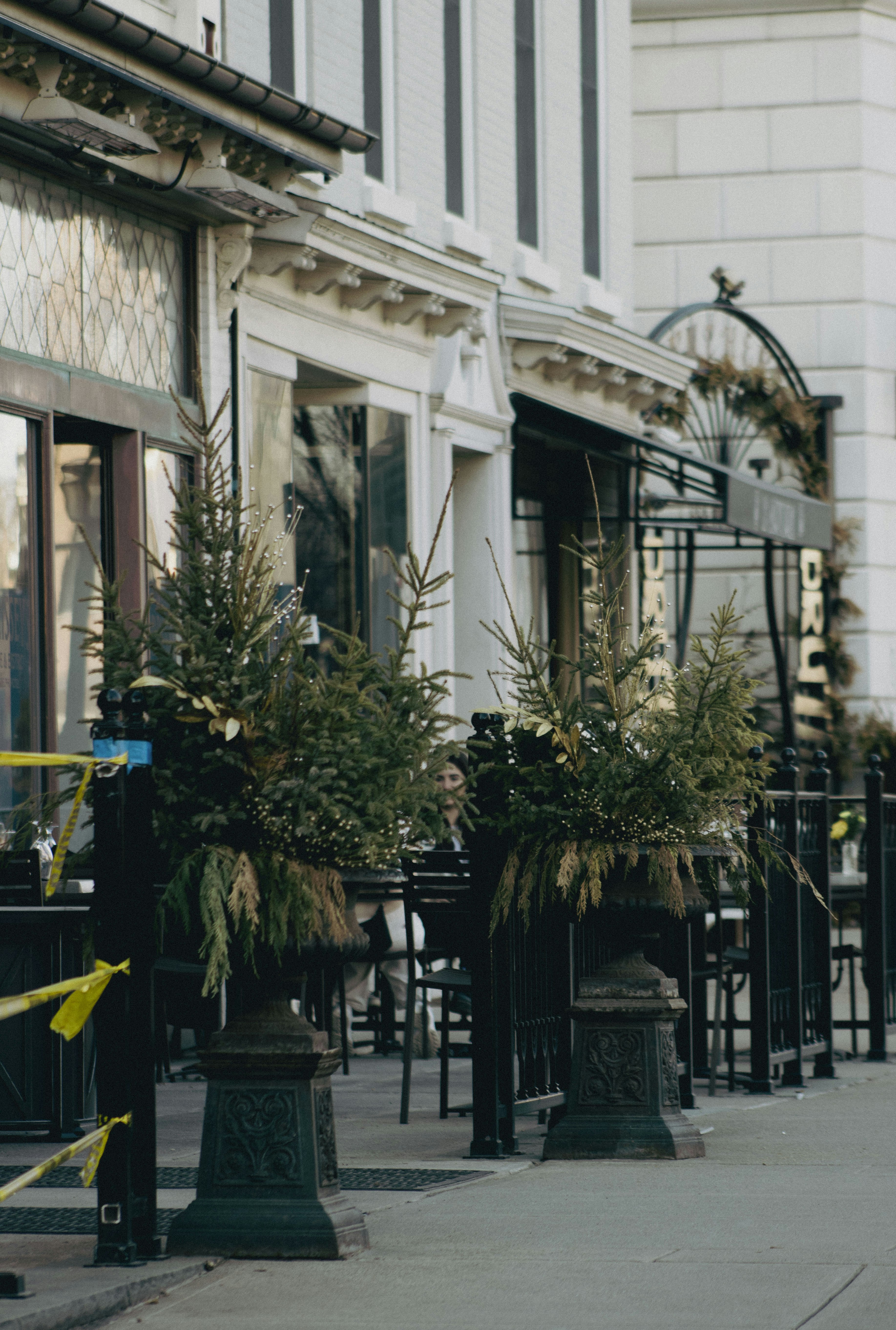 Planters filled with lush greenery line a city sidewalk, creating a tranquil contrast against the urban backdrop of storefronts and architecture.