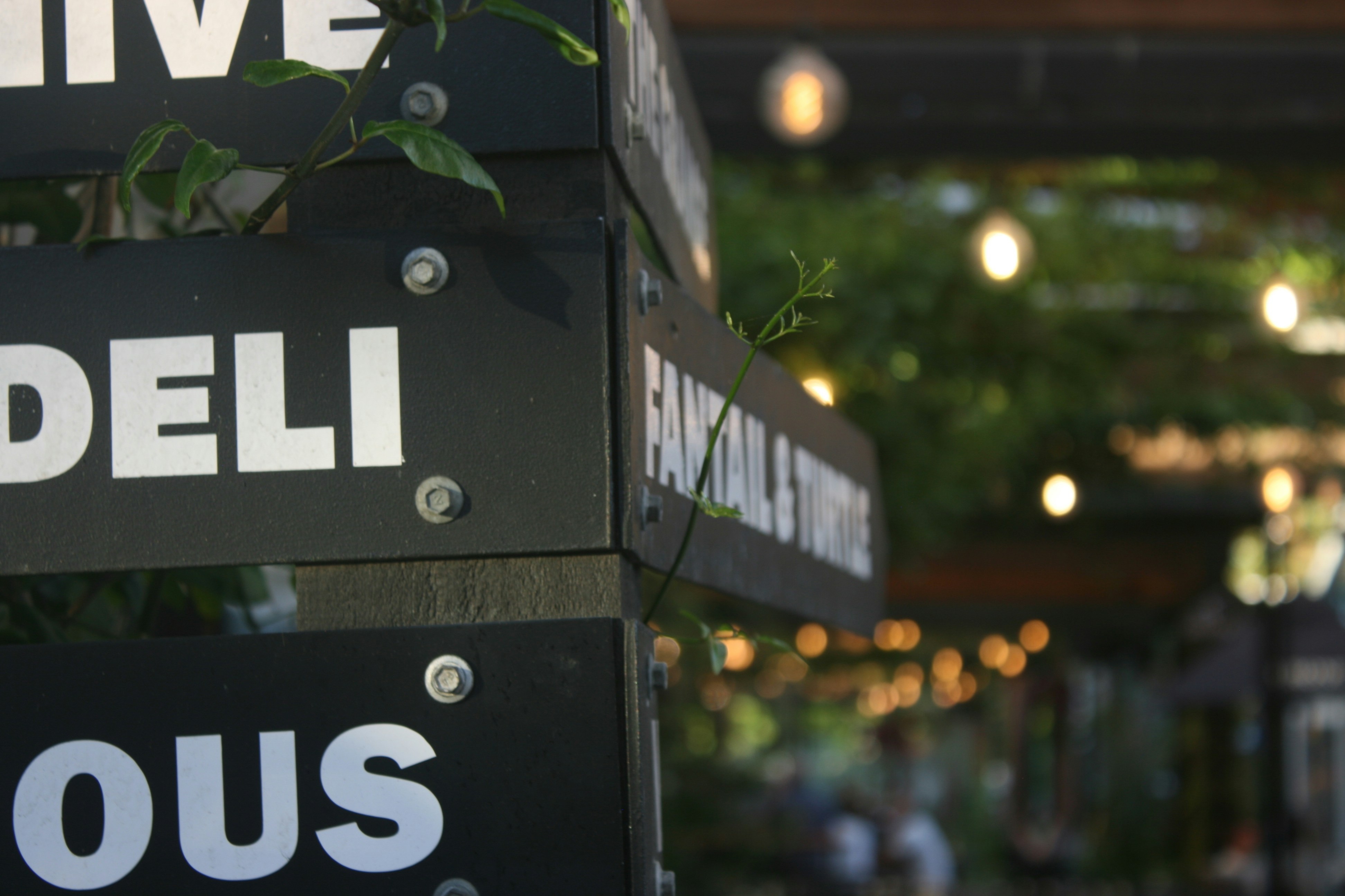 Stacked Deli Signposts Under Evening Fairy Lights