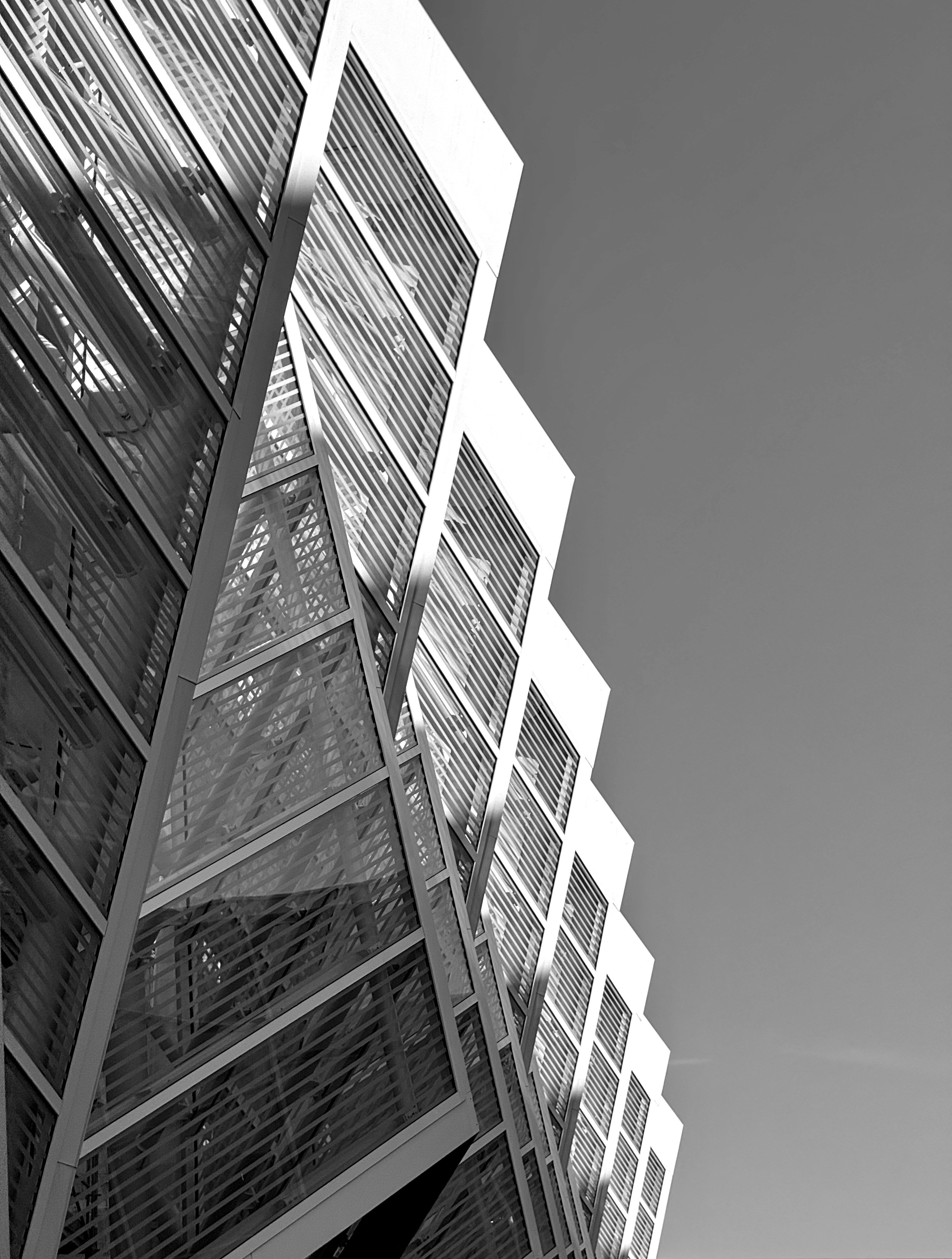 Black and white image of a modern building with abstract architecture
