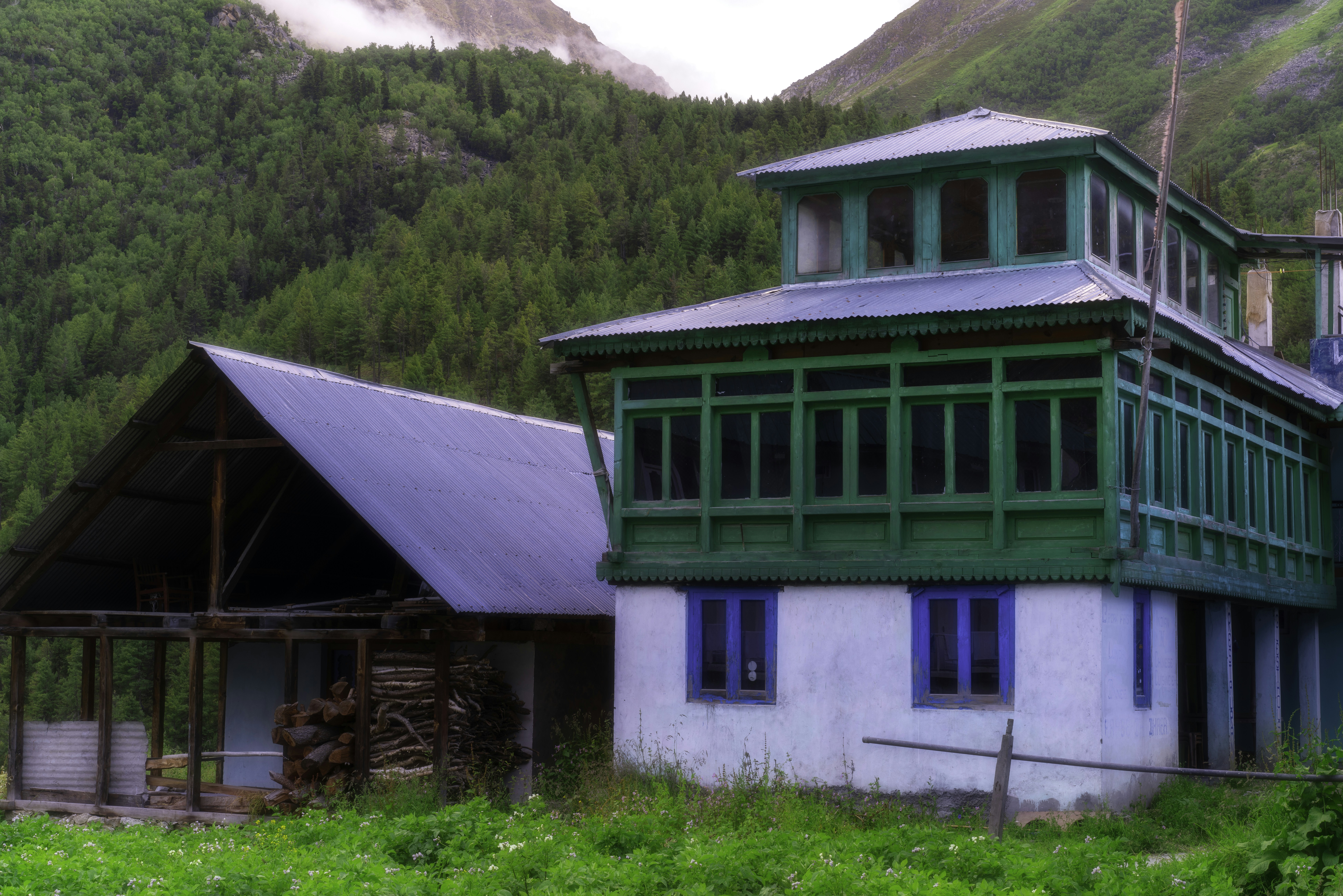 Mountain house with green verandah surrounded by lush forest.