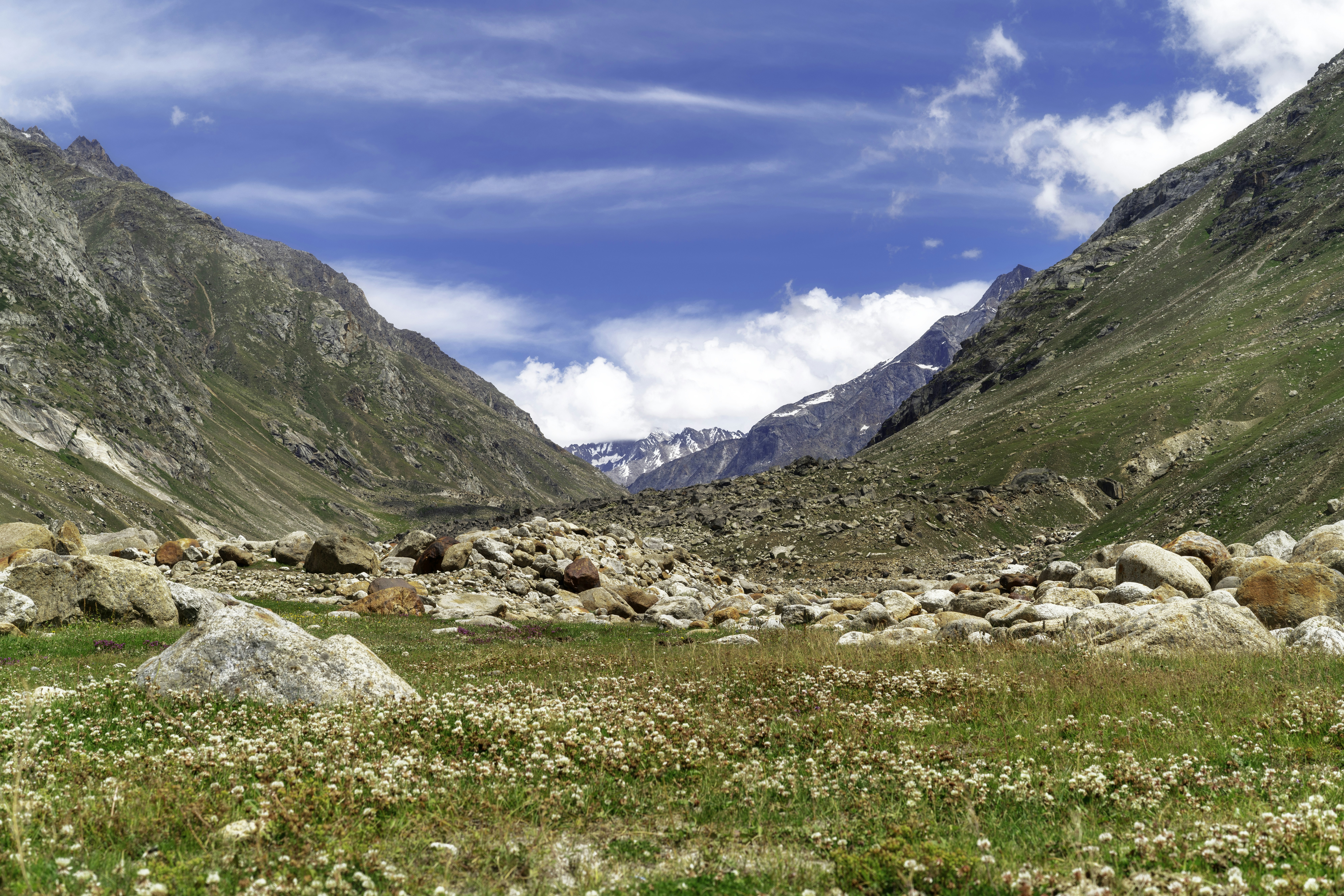 Rocky terrain meets a lush valley under a vibrant blue sky.