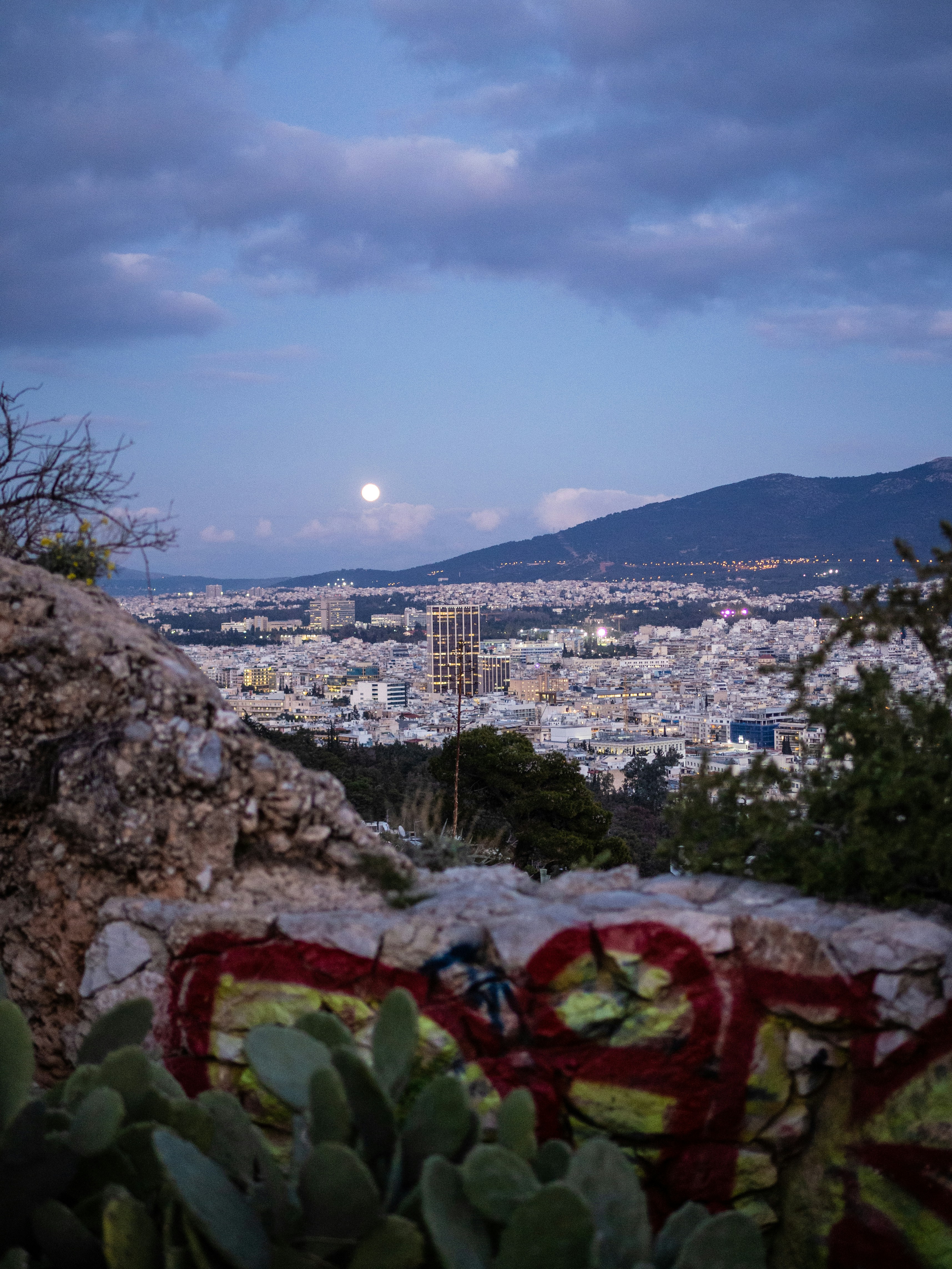 Moonlit Overlook: City Lights Beyond a Graffitied Foreground
