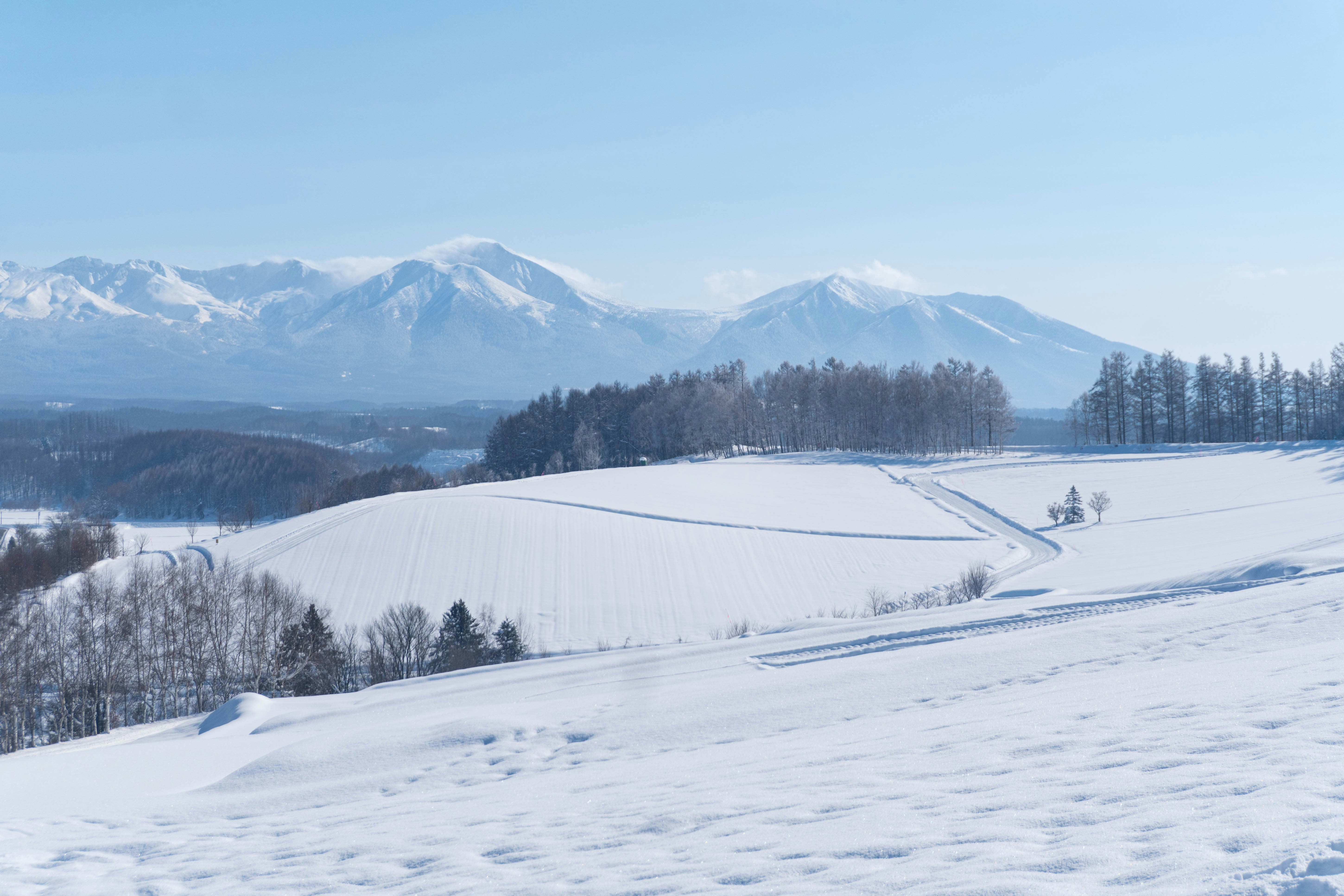 Expansive snow-covered fields with distant mountains under a clear blue sky.